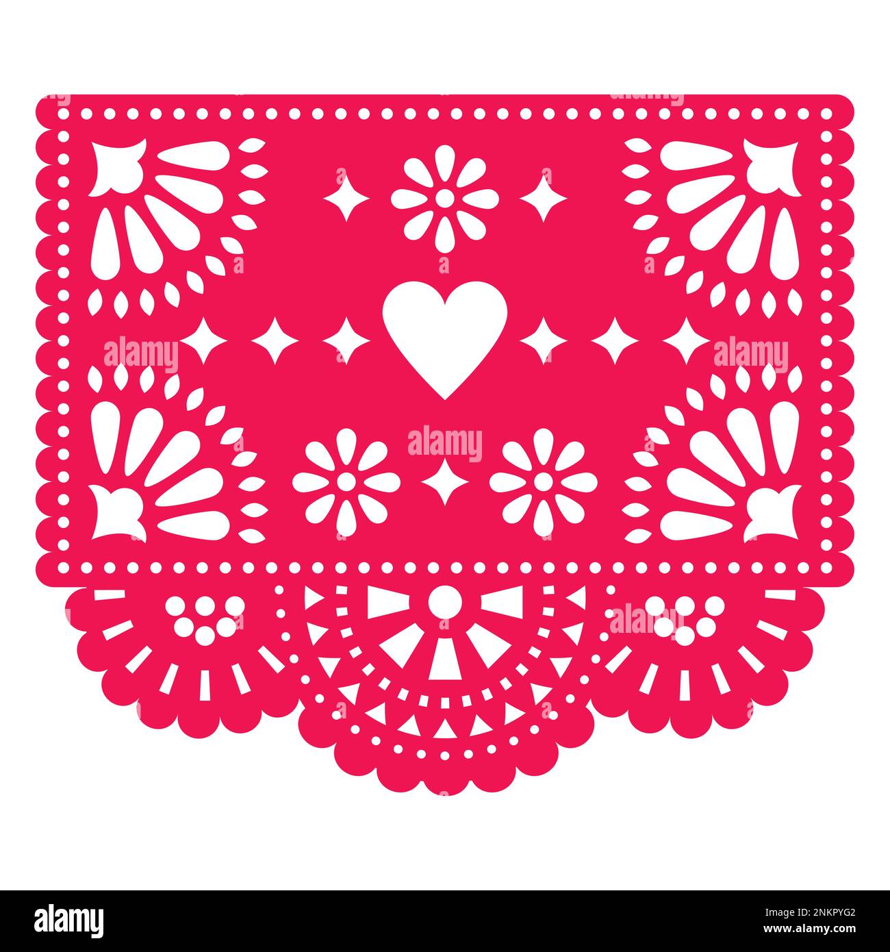 Mexican traditional Papel Picado vector design with heart and flowers ...