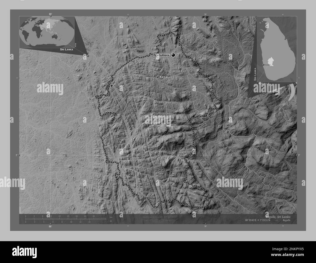 Kegalle, district of Sri Lanka. Grayscale elevation map with lakes and ...