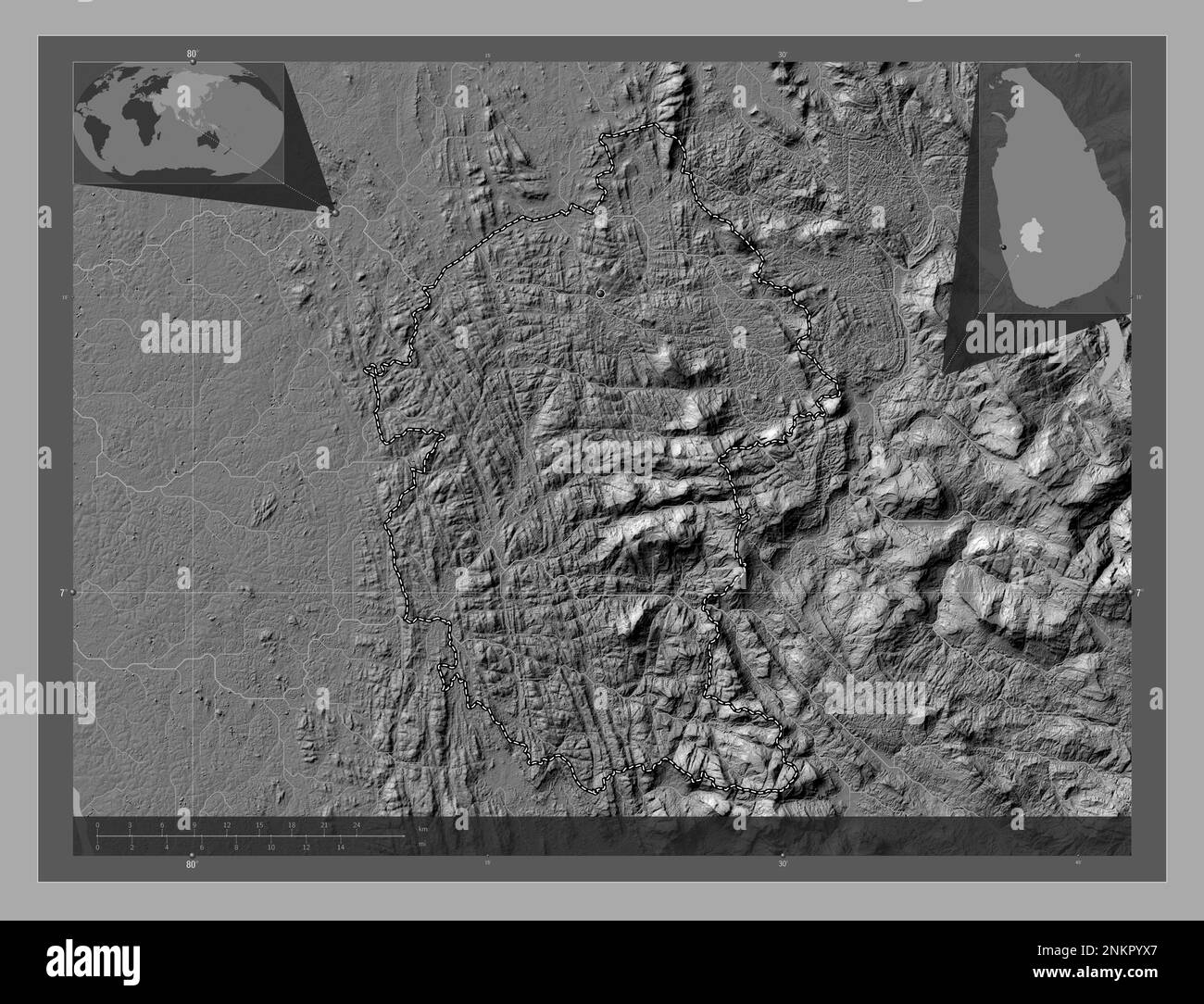 Kegalle, district of Sri Lanka. Bilevel elevation map with lakes and ...