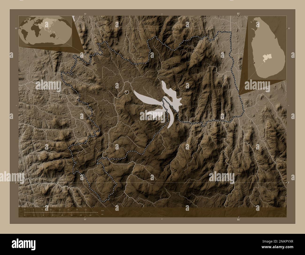 Kandy, district of Sri Lanka. Elevation map colored in sepia tones with ...