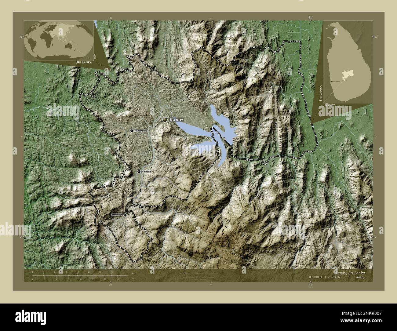 Kandy, district of Sri Lanka. Elevation map colored in wiki style with ...