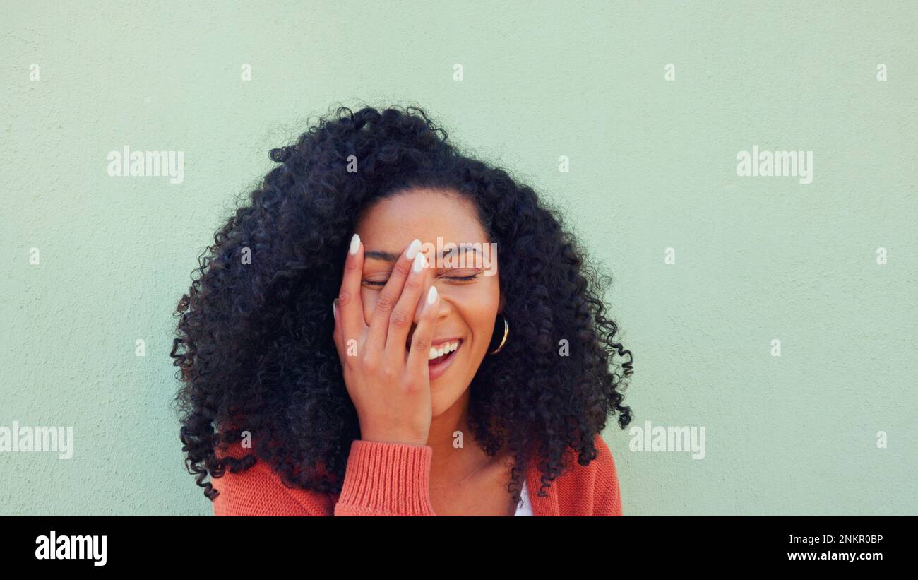 Funny green screen, comic face and black woman with smile for hair care ...