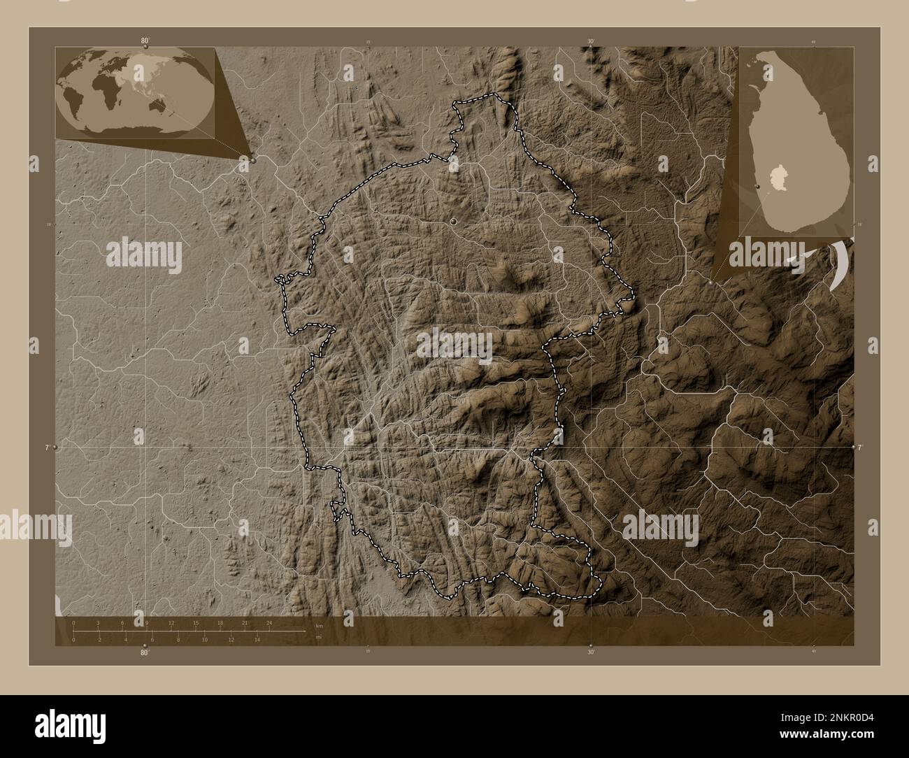 Kegalle, district of Sri Lanka. Elevation map colored in sepia tones ...