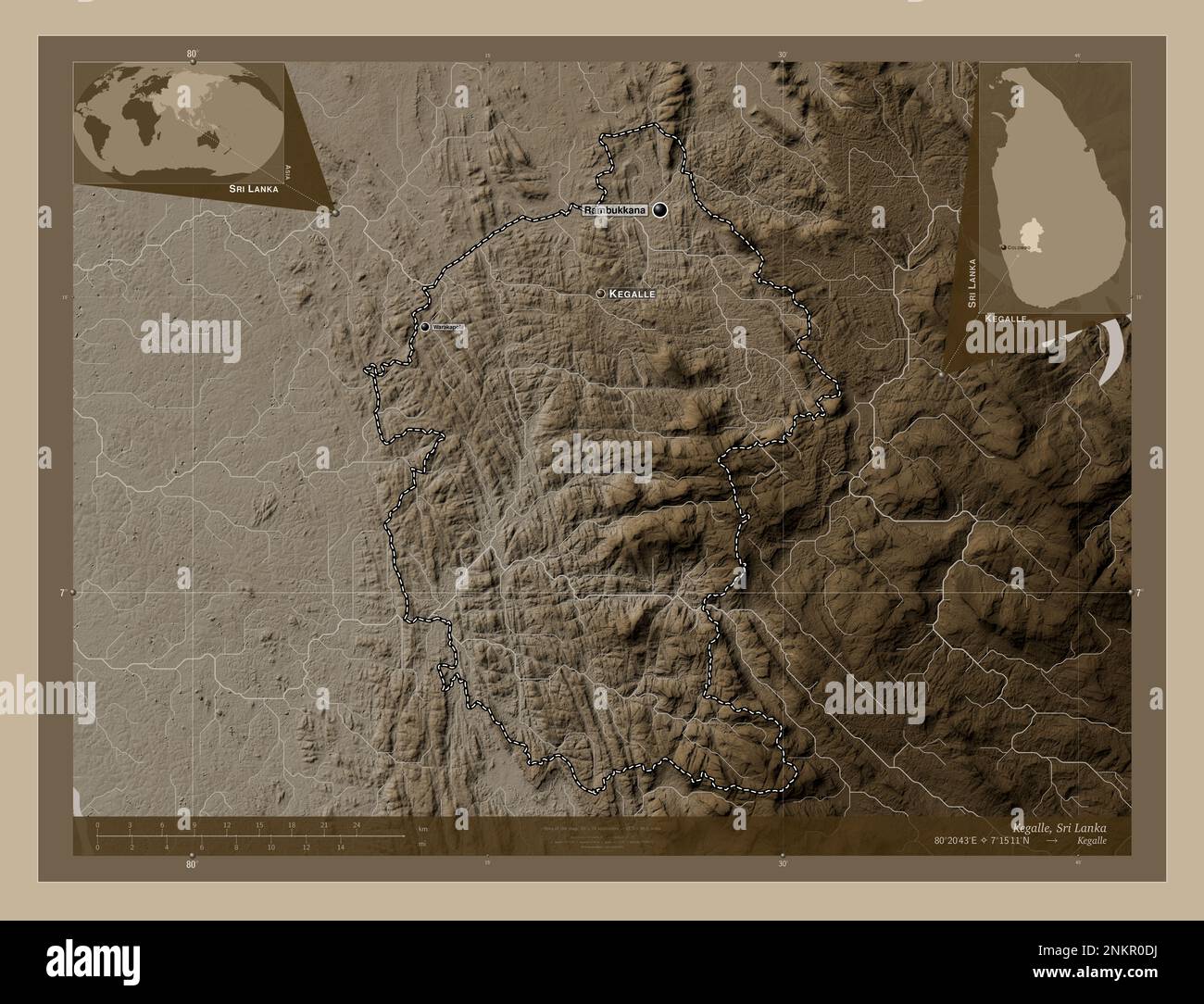 Kegalle, district of Sri Lanka. Elevation map colored in sepia tones ...