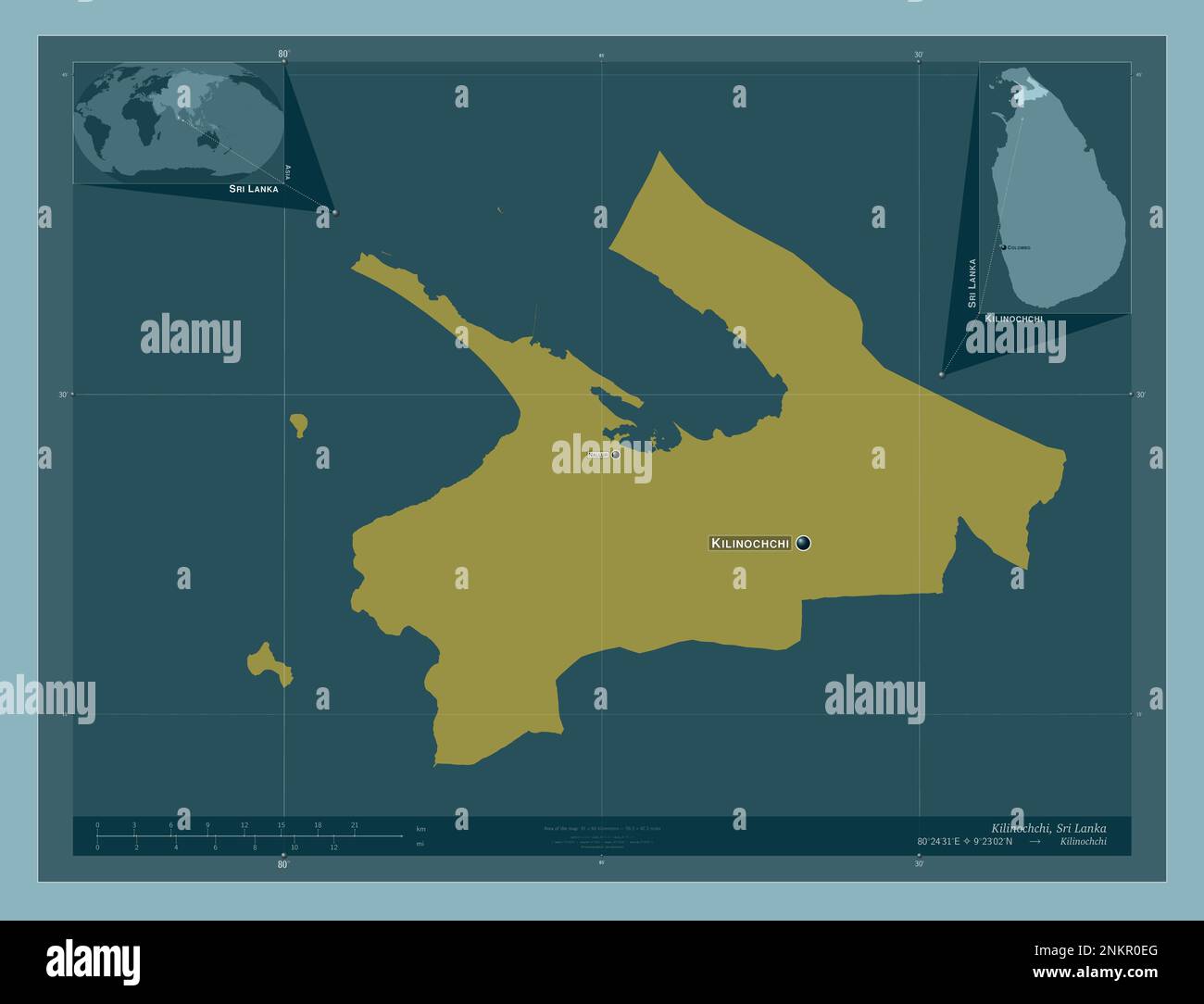 Kilinochchi, district of Sri Lanka. Solid color shape. Locations and ...