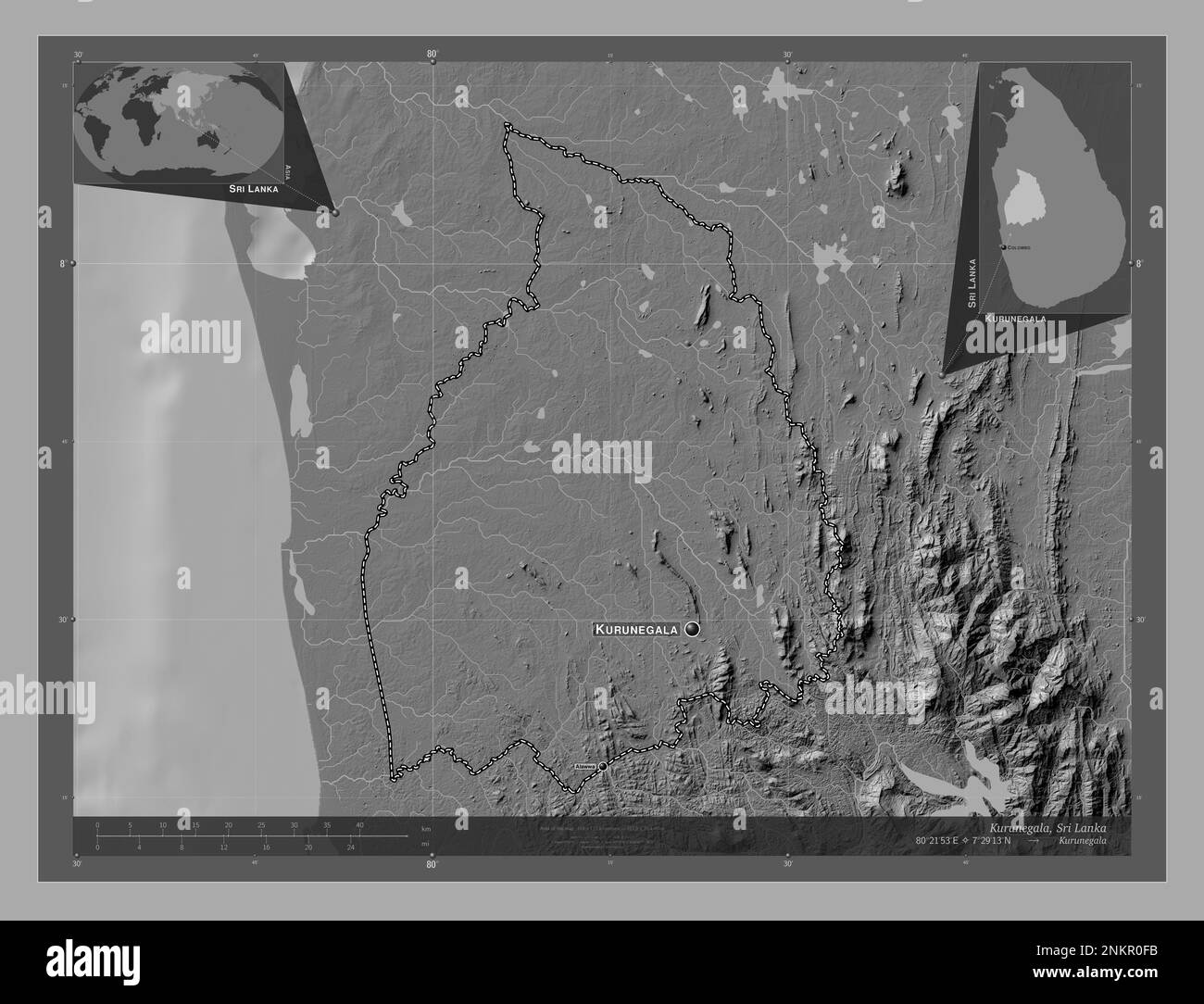 Kurunegala, district of Sri Lanka. Bilevel elevation map with lakes and ...