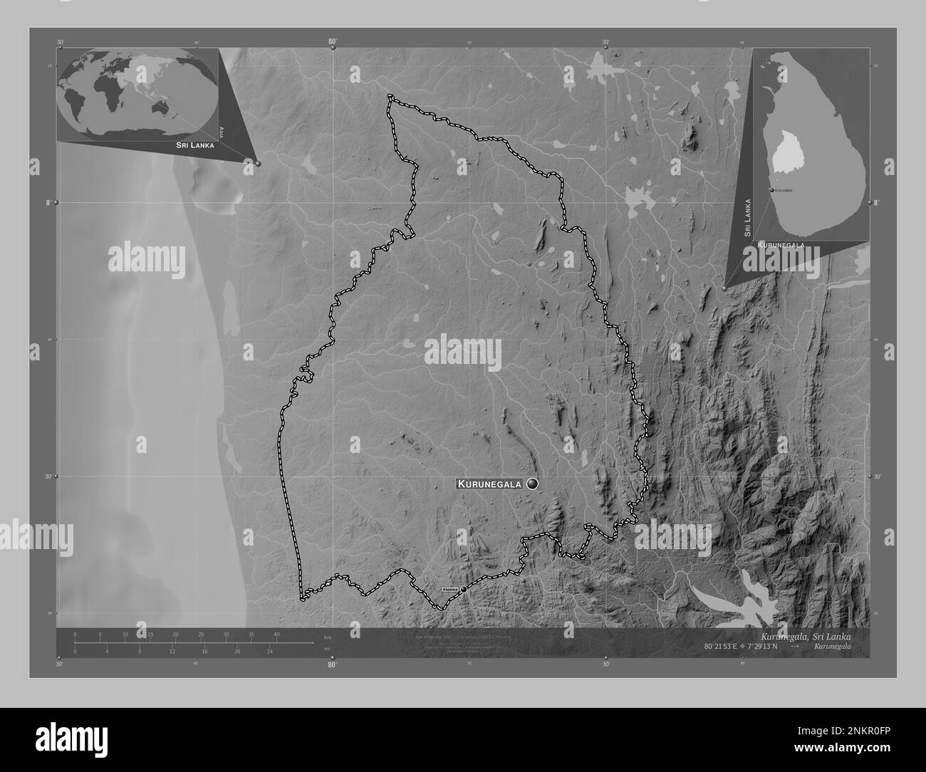 Kurunegala, district of Sri Lanka. Grayscale elevation map with lakes ...