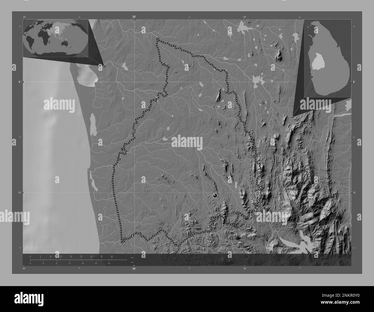 Kurunegala, district of Sri Lanka. Bilevel elevation map with lakes and ...