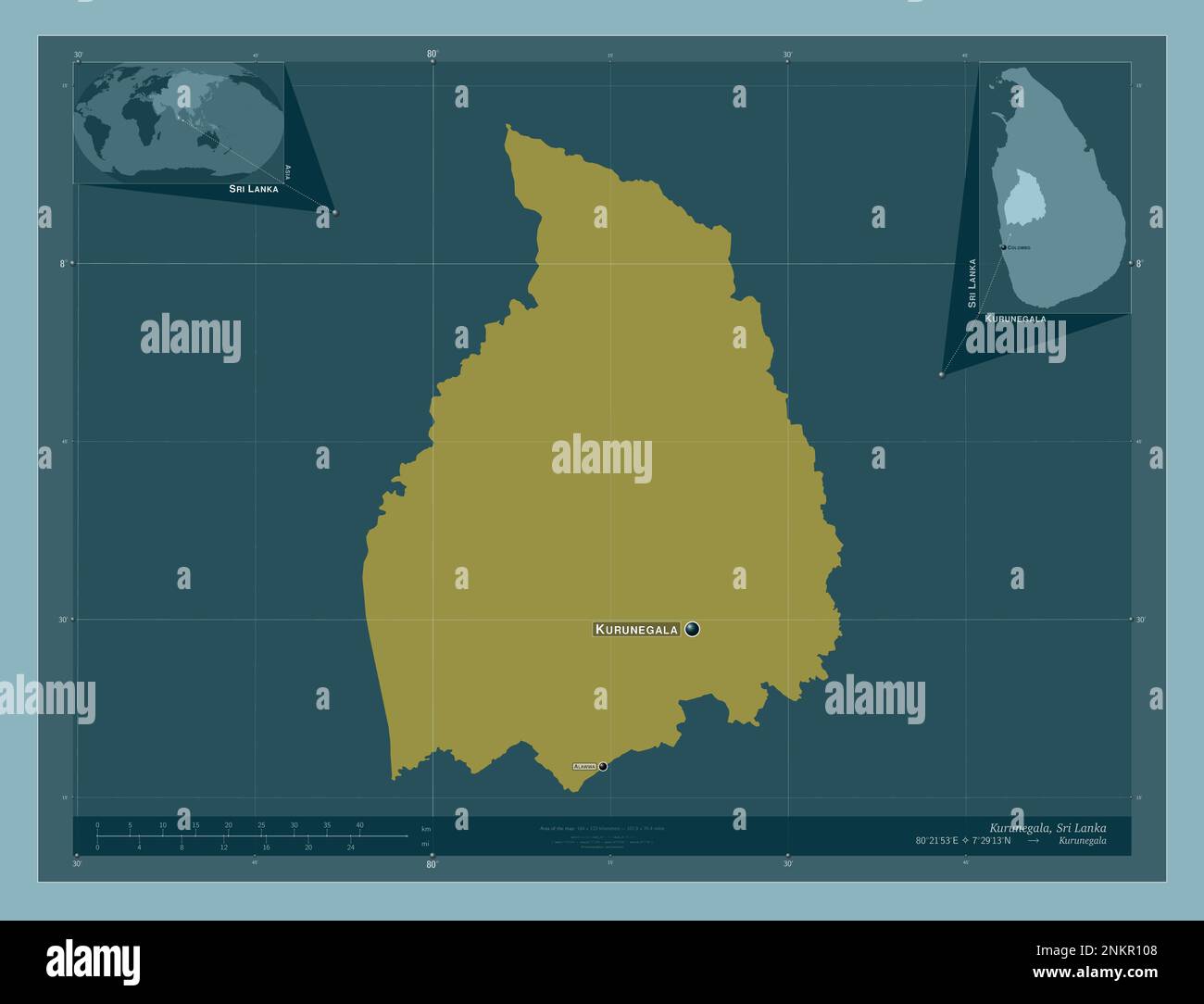 Kurunegala, district of Sri Lanka. Solid color shape. Locations and ...
