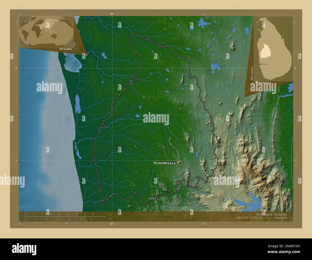 Kurunegala, district of Sri Lanka. Colored elevation map with lakes and ...