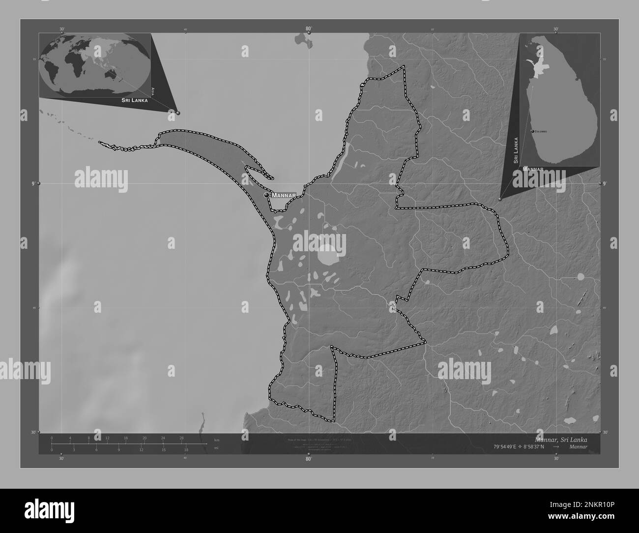 Mannar, district of Sri Lanka. Bilevel elevation map with lakes and ...