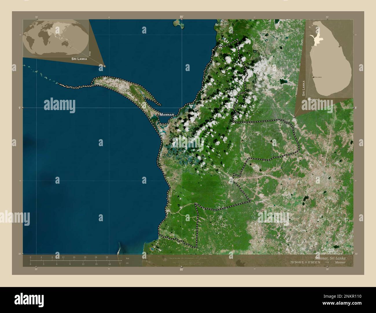 Mannar, district of Sri Lanka. High resolution satellite map. Locations ...