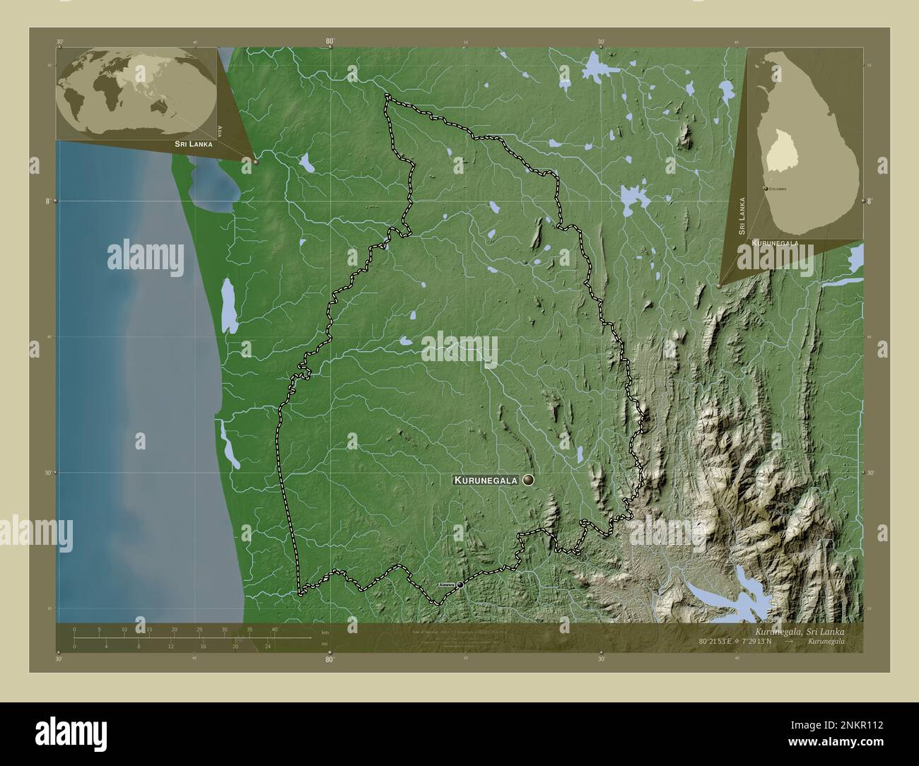 Kurunegala, district of Sri Lanka. Elevation map colored in wiki style ...
