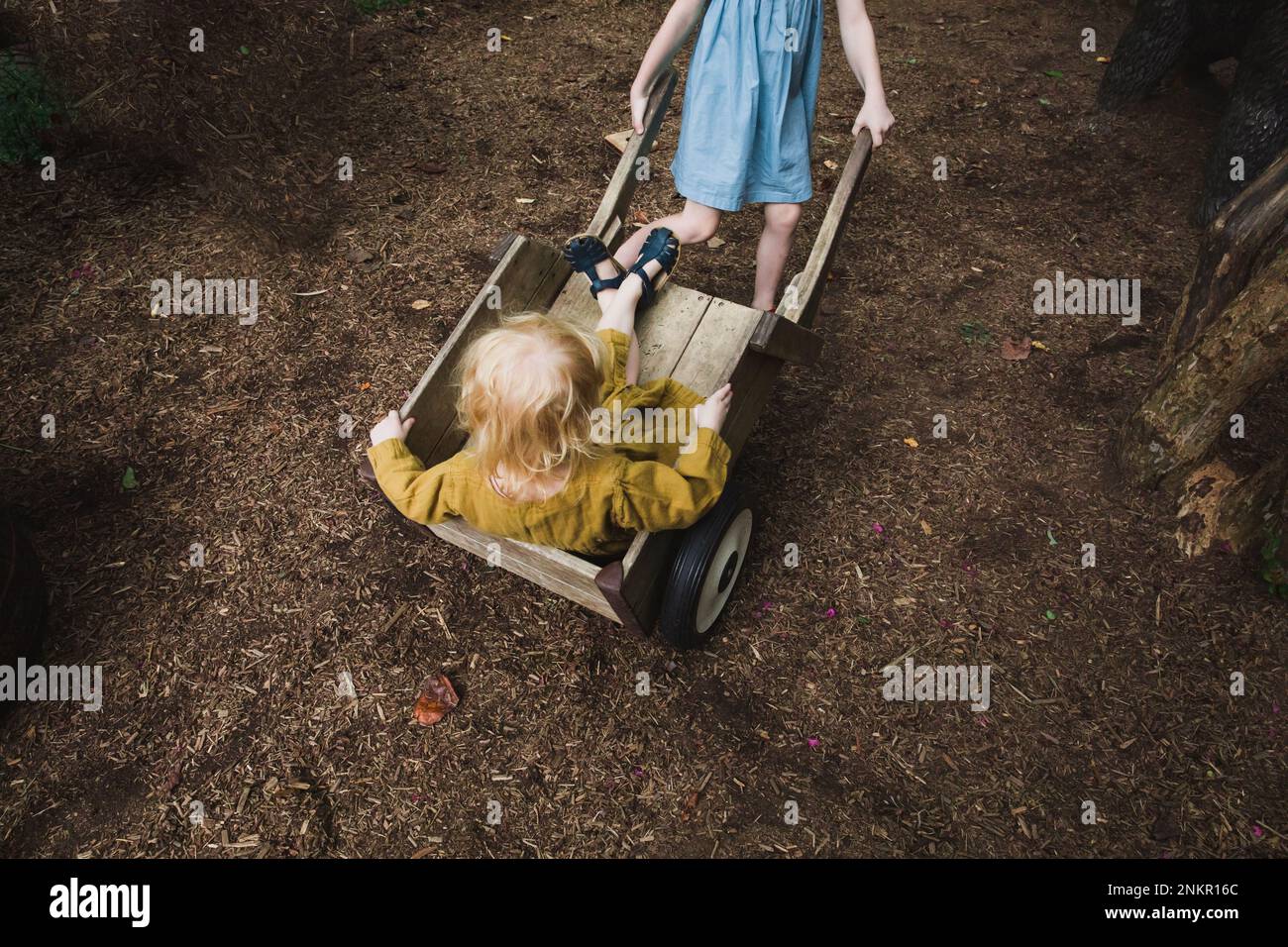 Young girl being pushed in wooden wheelbarrow by girl in blue dress ...