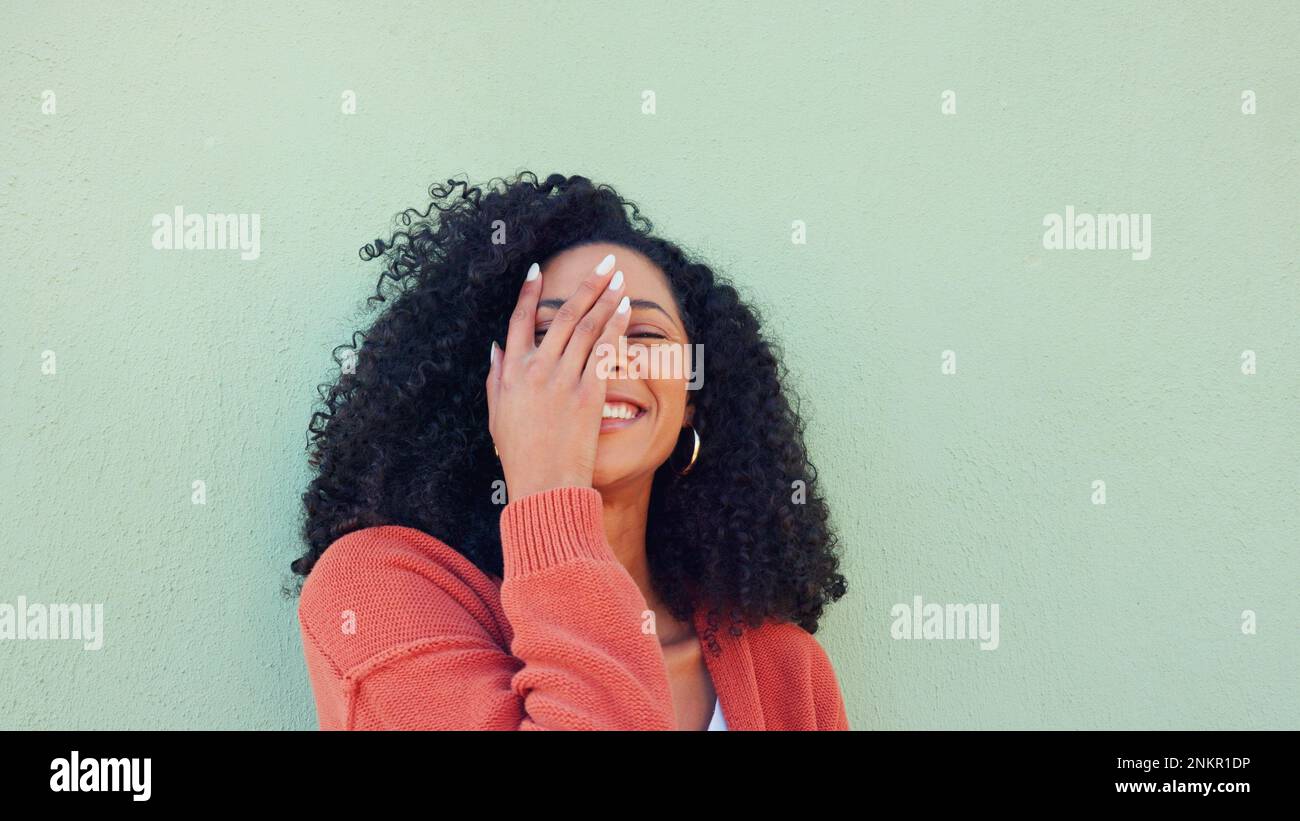 Funny green screen, comic face and black woman with smile for hair care ...