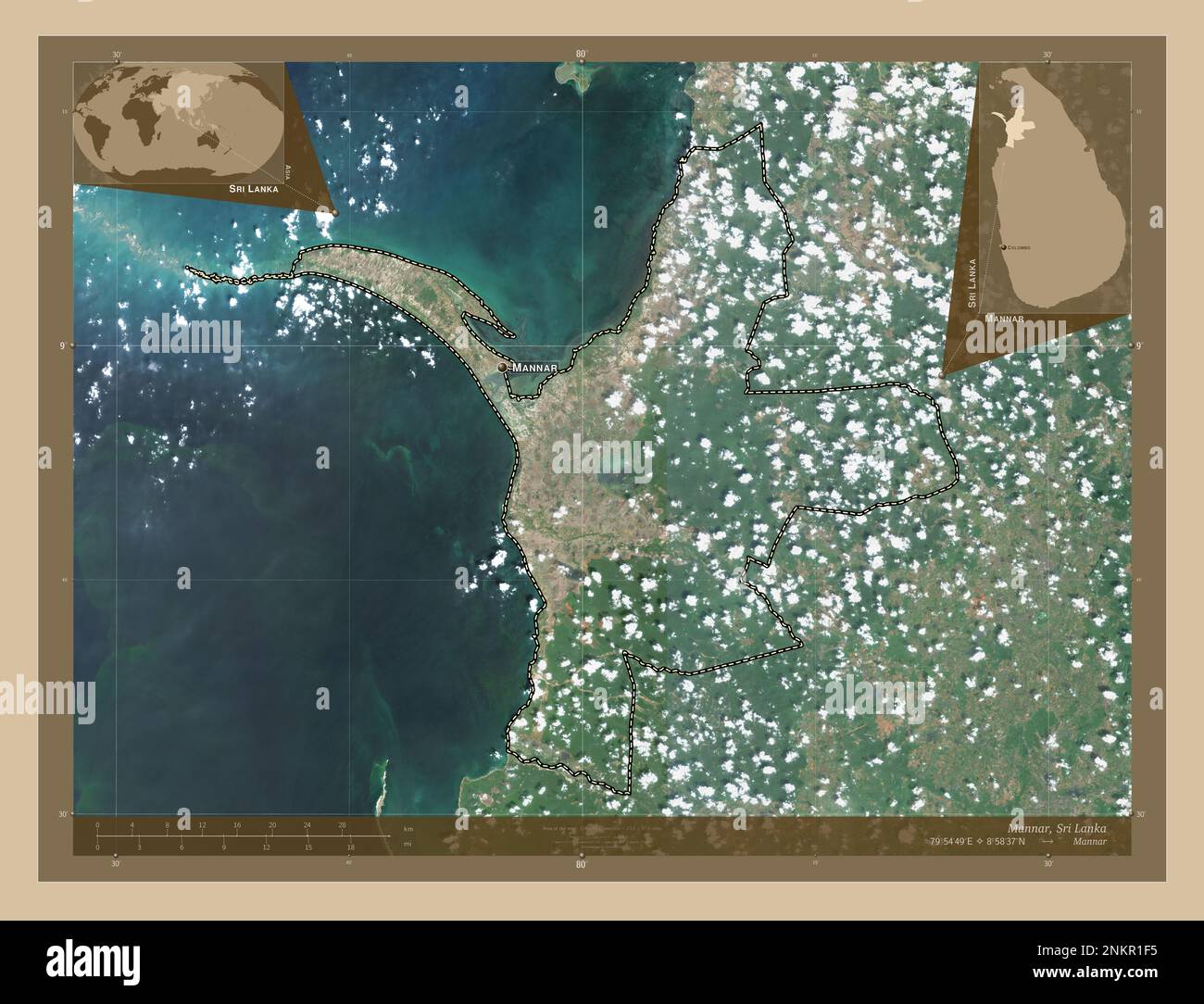 Mannar, district of Sri Lanka. Low resolution satellite map. Locations ...