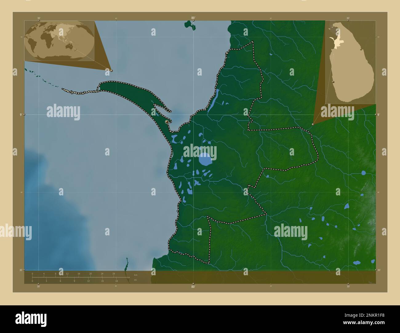 Mannar, district of Sri Lanka. Colored elevation map with lakes and ...