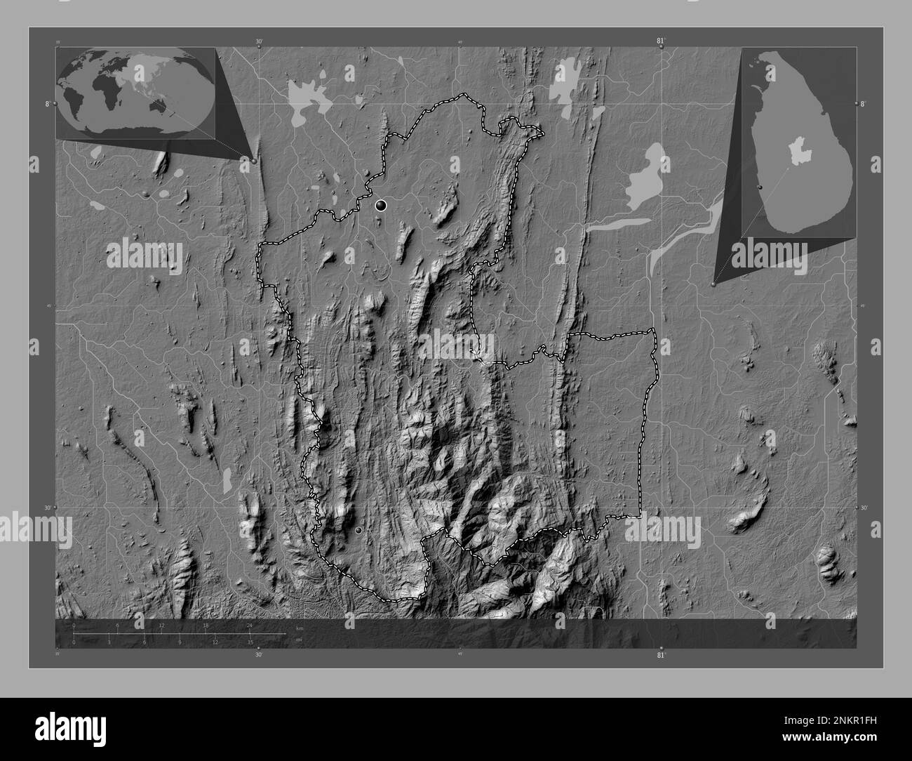 Matale, district of Sri Lanka. Bilevel elevation map with lakes and ...
