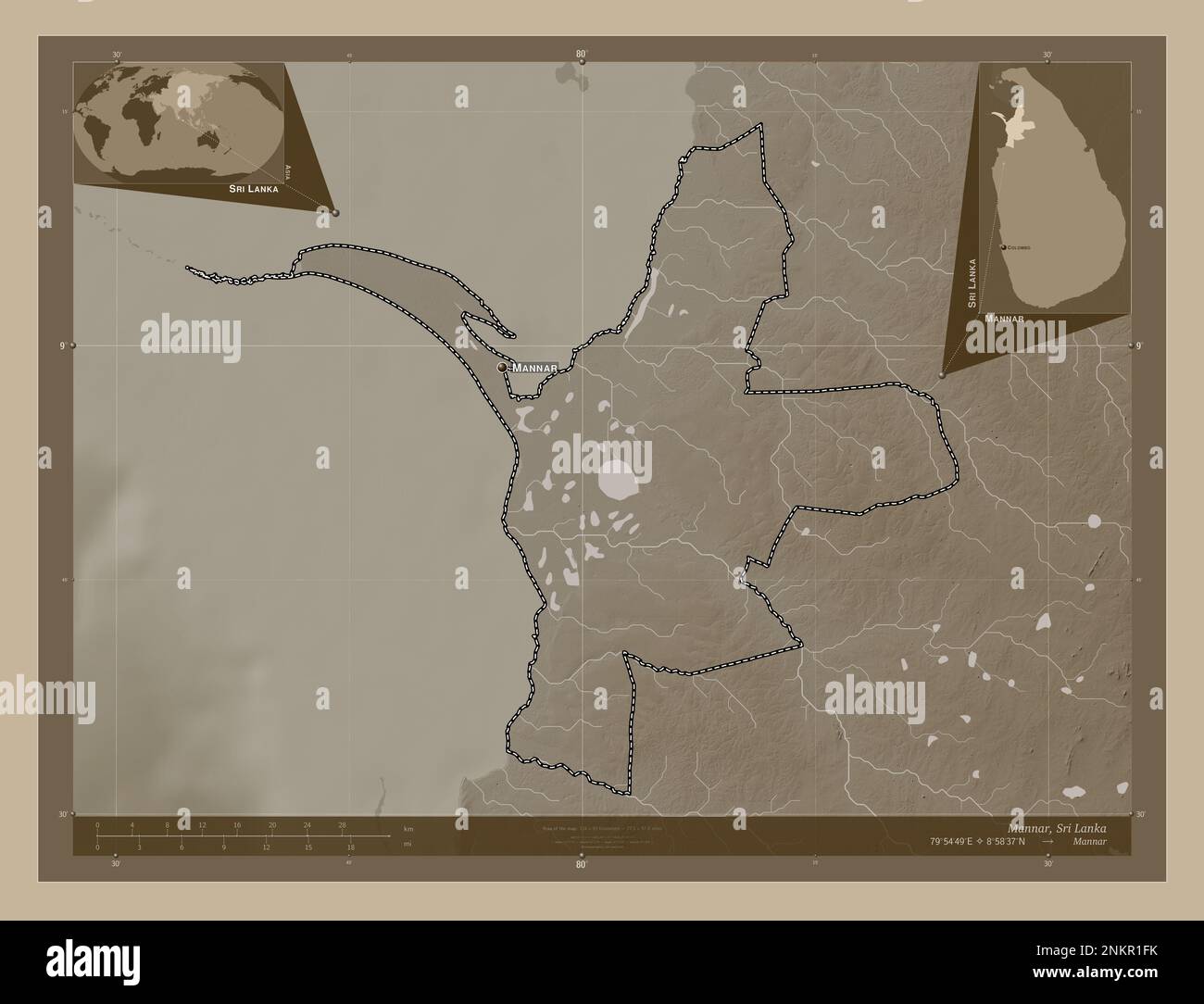 Mannar, district of Sri Lanka. Elevation map colored in sepia tones ...
