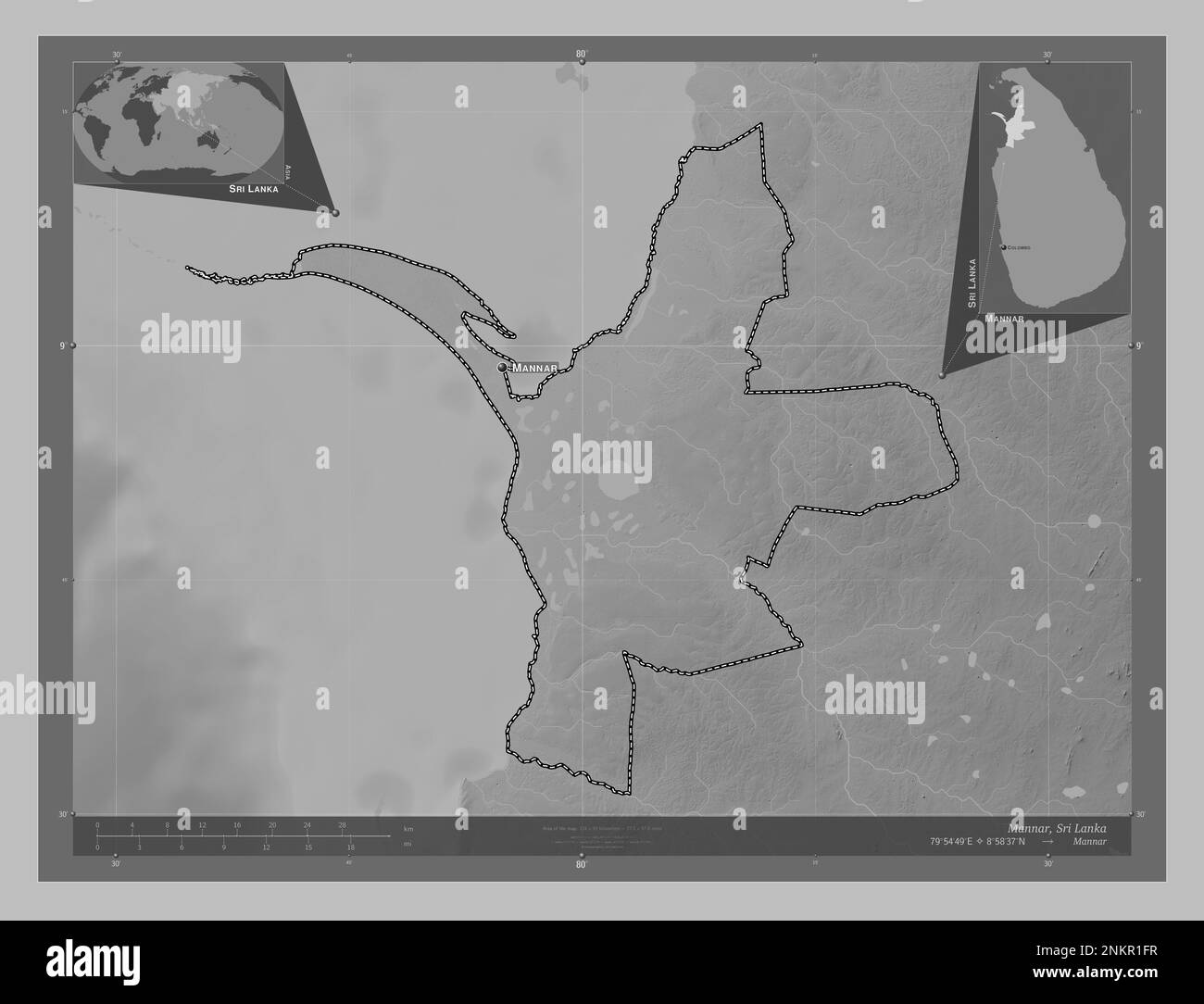 Mannar, district of Sri Lanka. Grayscale elevation map with lakes and ...