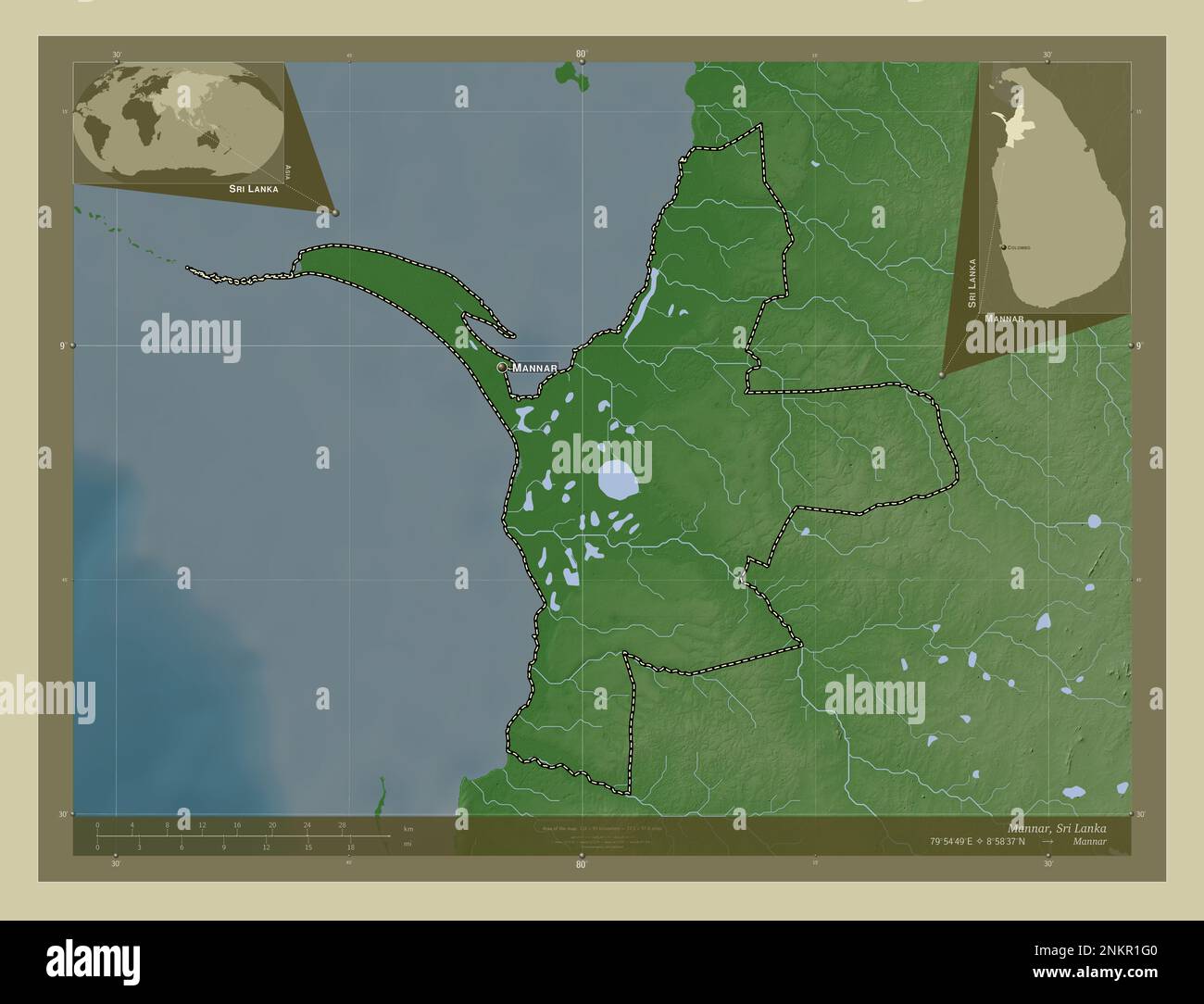 Mannar, district of Sri Lanka. Elevation map colored in wiki style with ...
