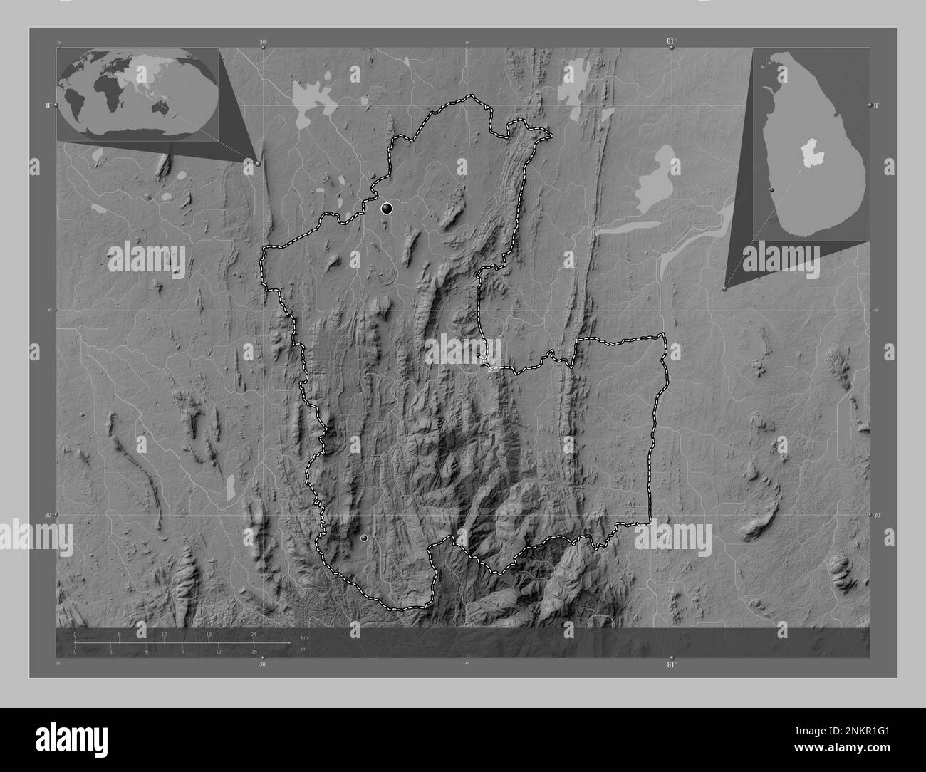 Matale, district of Sri Lanka. Grayscale elevation map with lakes and ...