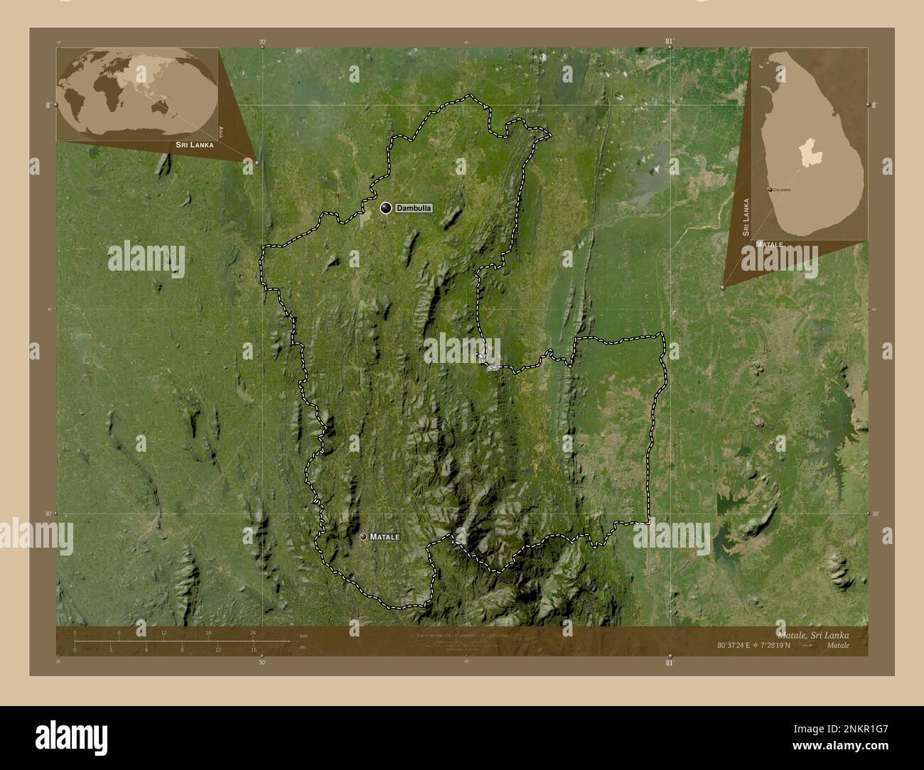 Matale, district of Sri Lanka. Low resolution satellite map. Locations ...