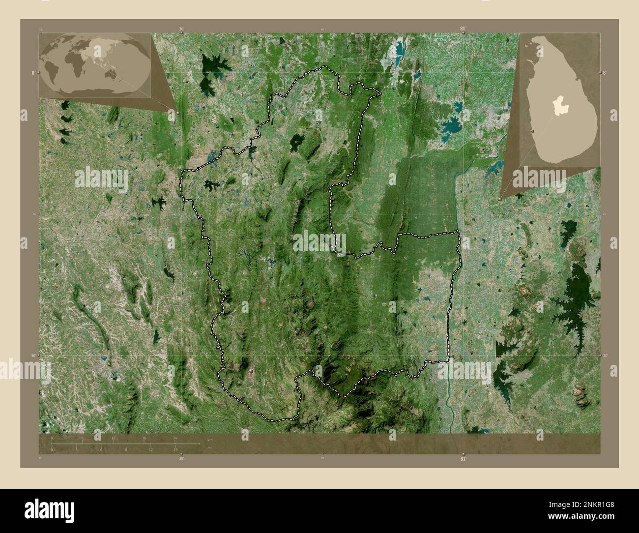 Matale, district of Sri Lanka. High resolution satellite map. Corner ...