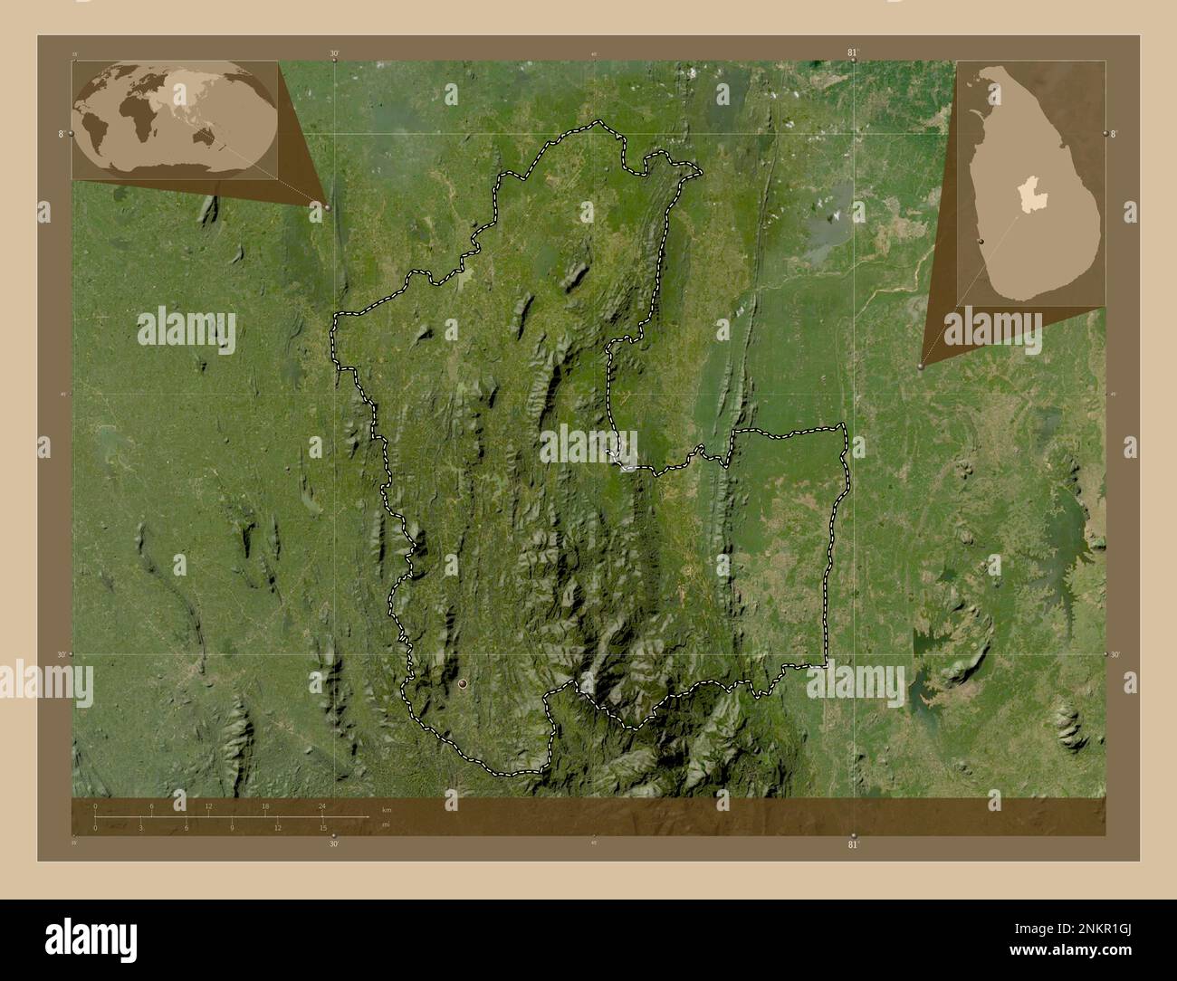 Matale, district of Sri Lanka. Low resolution satellite map. Corner ...