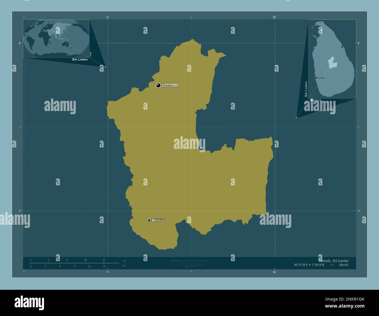 Matale, district of Sri Lanka. Solid color shape. Locations and names ...