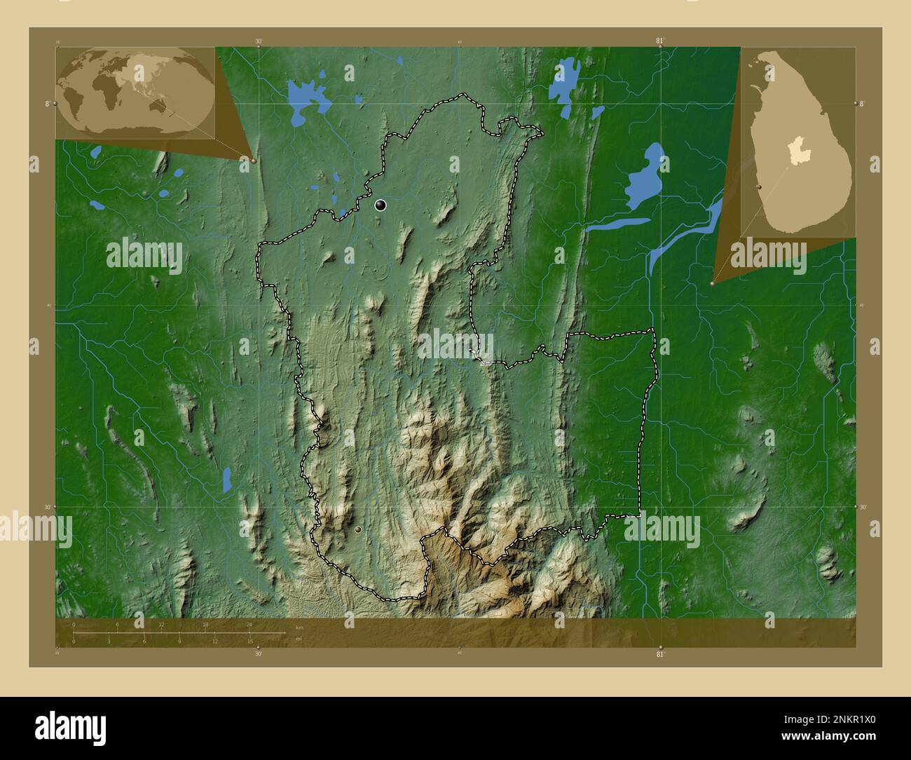 Matale, district of Sri Lanka. Colored elevation map with lakes and ...