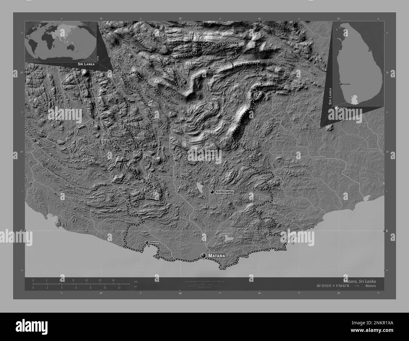 Matara, district of Sri Lanka. Bilevel elevation map with lakes and ...