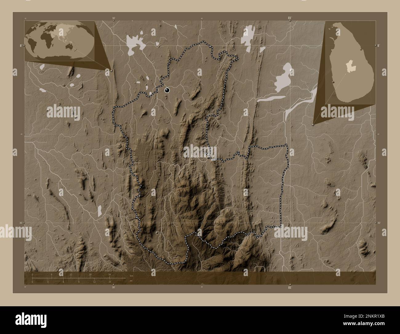 Matale, district of Sri Lanka. Elevation map colored in sepia tones ...