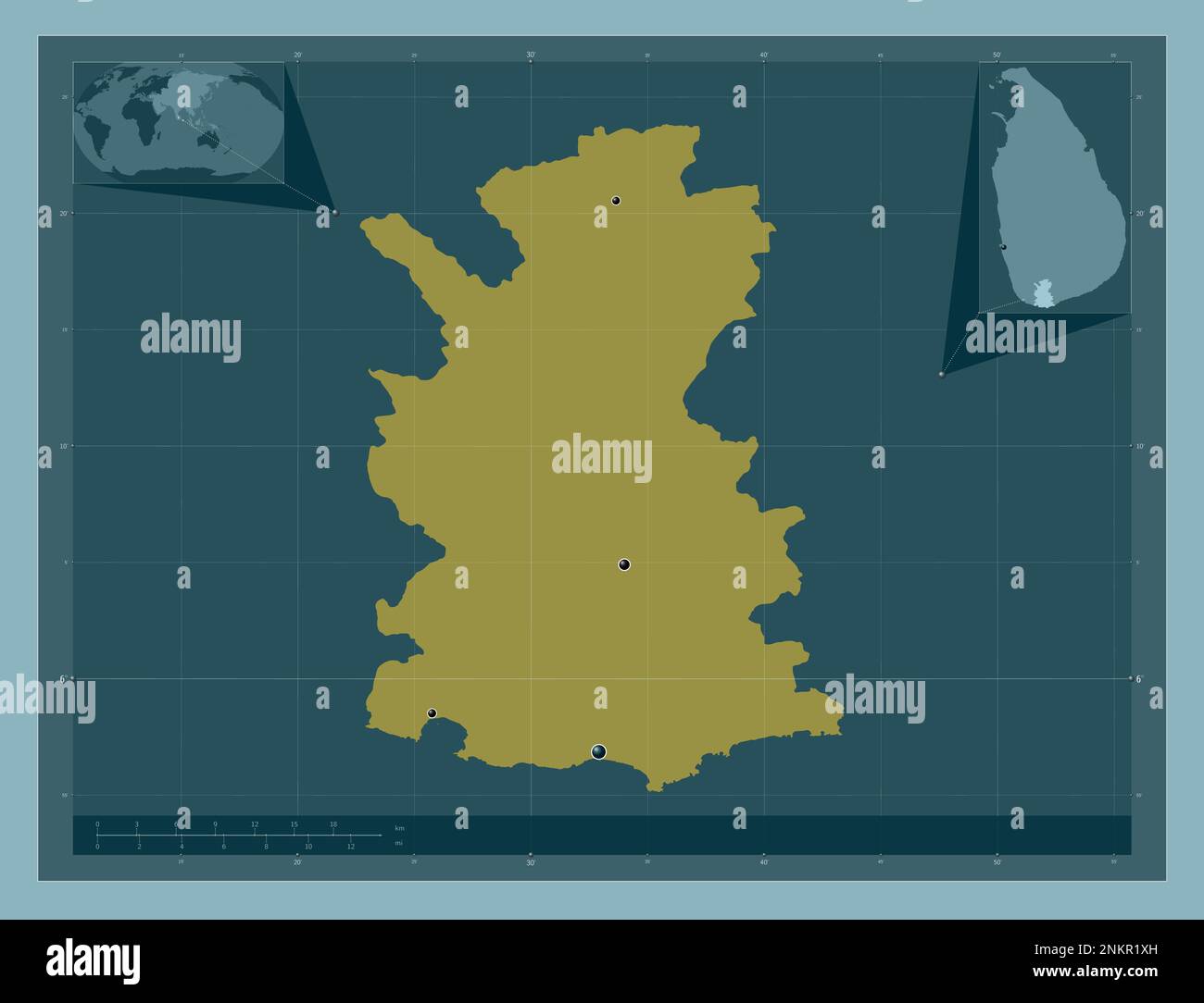 Matara, district of Sri Lanka. Solid color shape. Locations of major ...