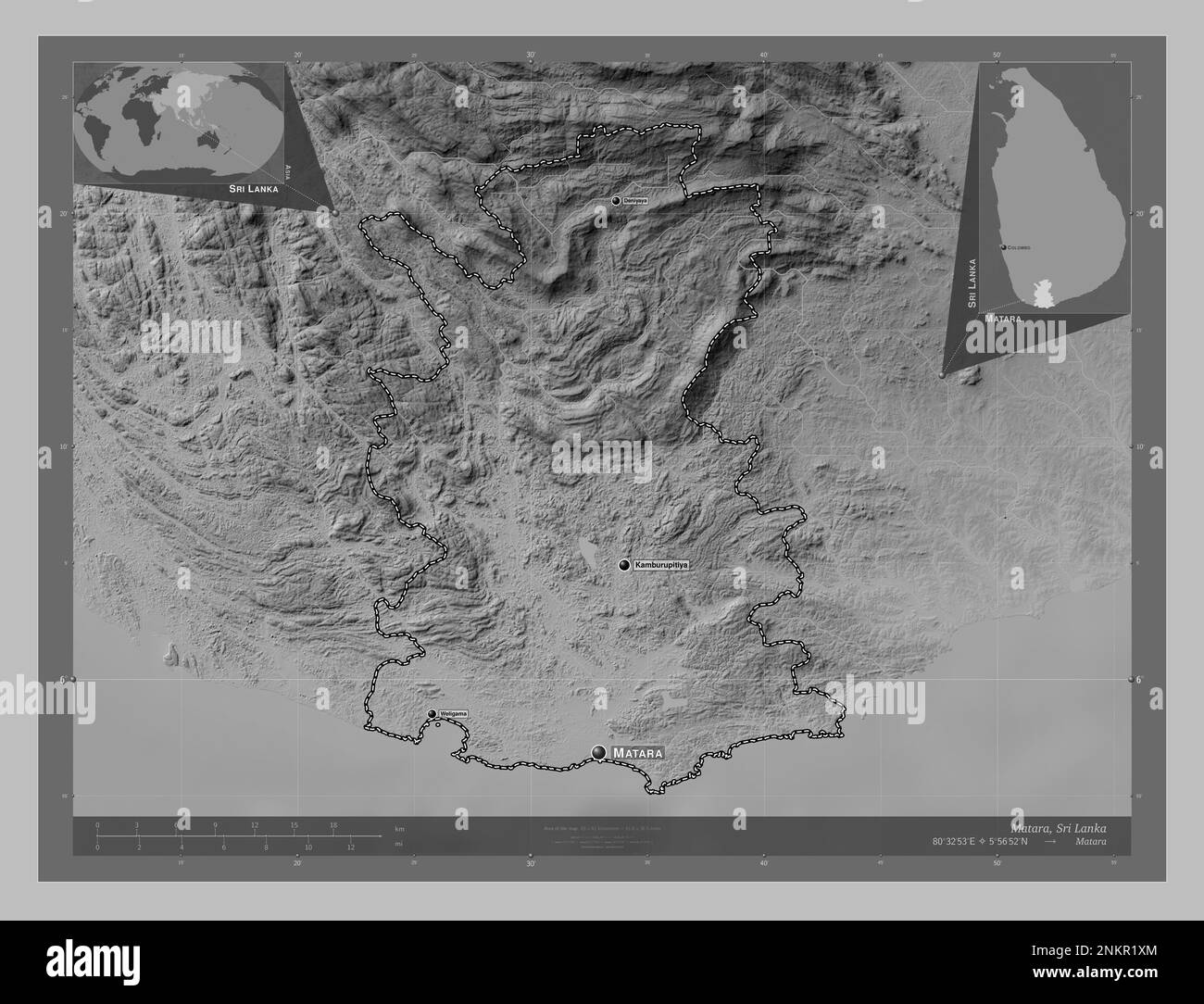 Matara, district of Sri Lanka. Grayscale elevation map with lakes and ...
