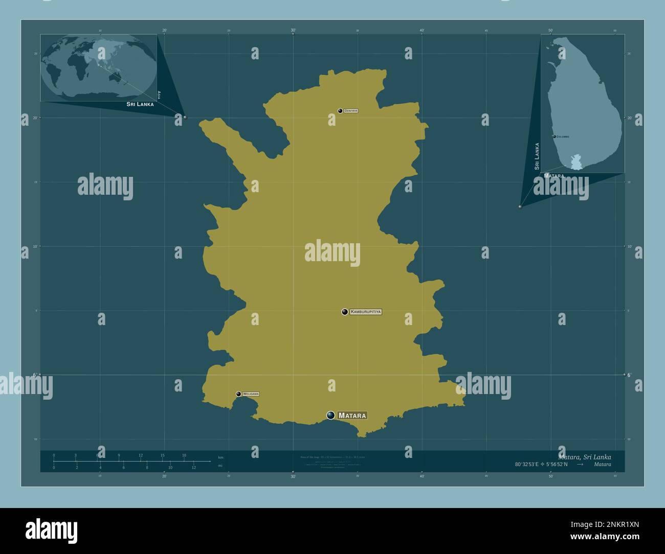 Matara, district of Sri Lanka. Solid color shape. Locations and names ...