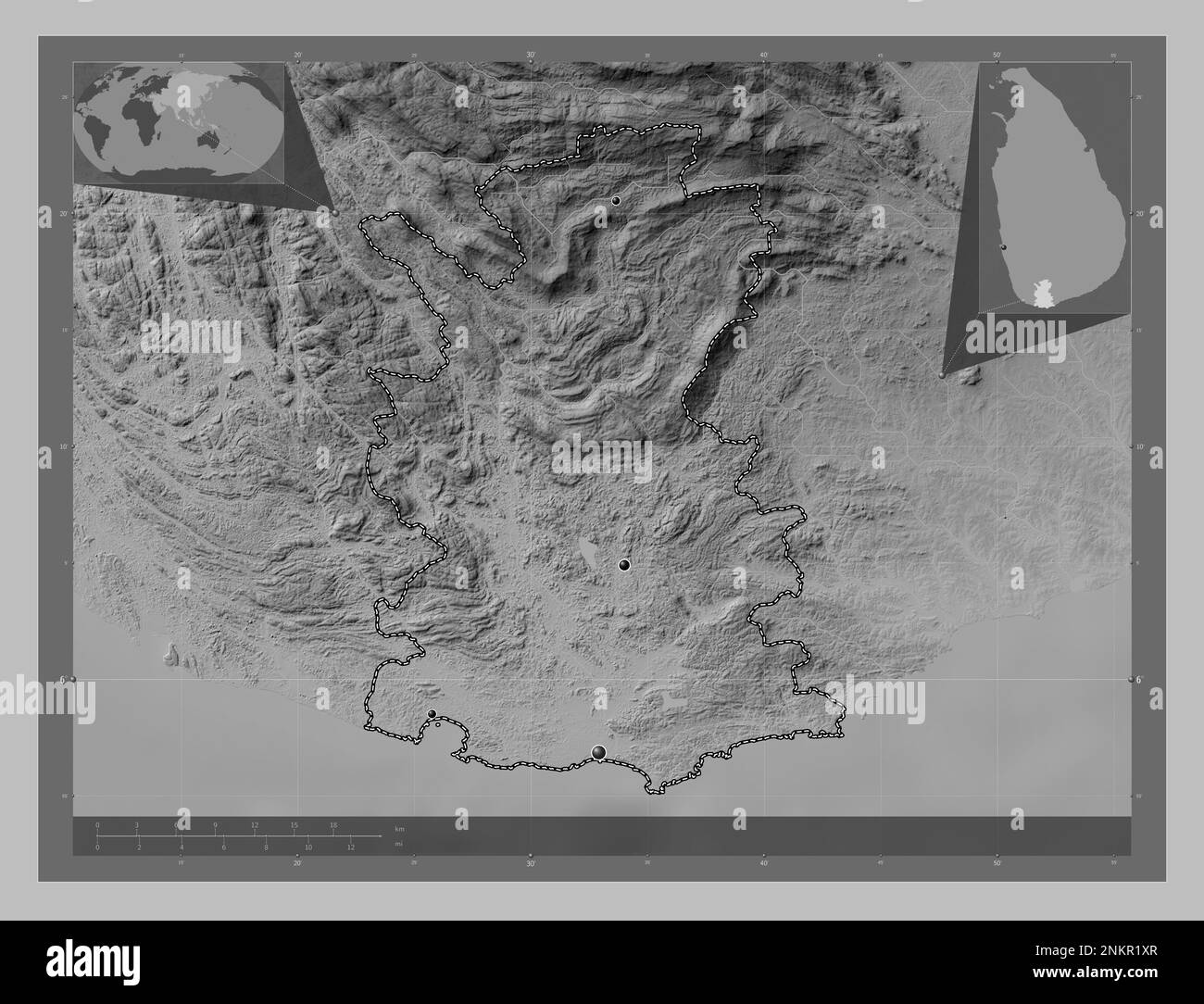 Matara, district of Sri Lanka. Grayscale elevation map with lakes and ...