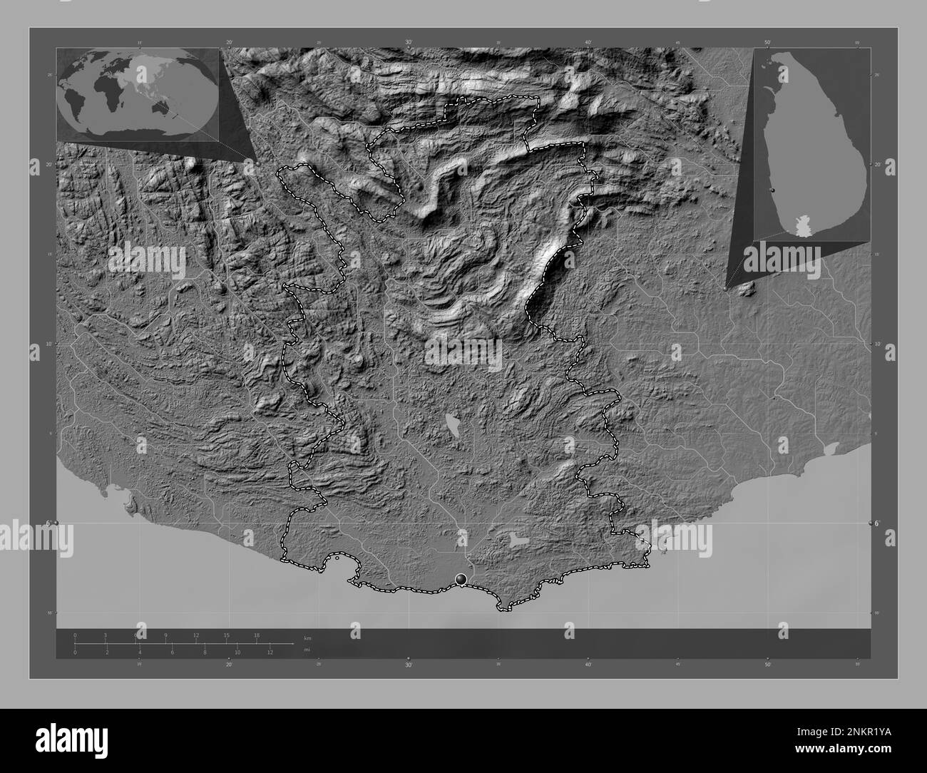 Matara, district of Sri Lanka. Bilevel elevation map with lakes and ...