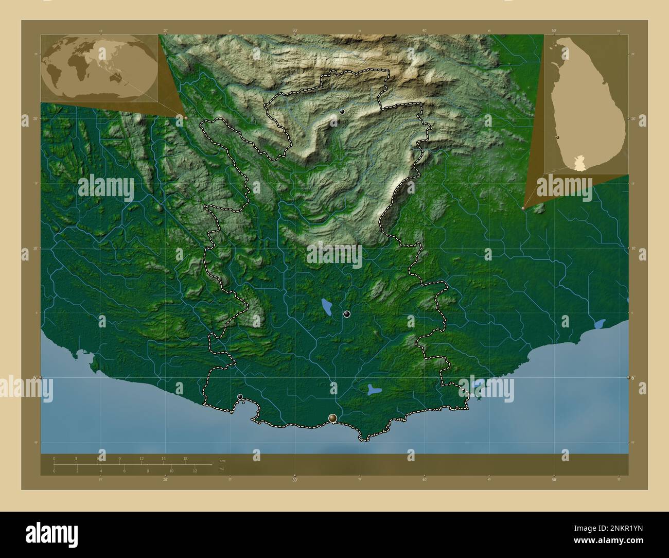 Matara, district of Sri Lanka. Colored elevation map with lakes and ...