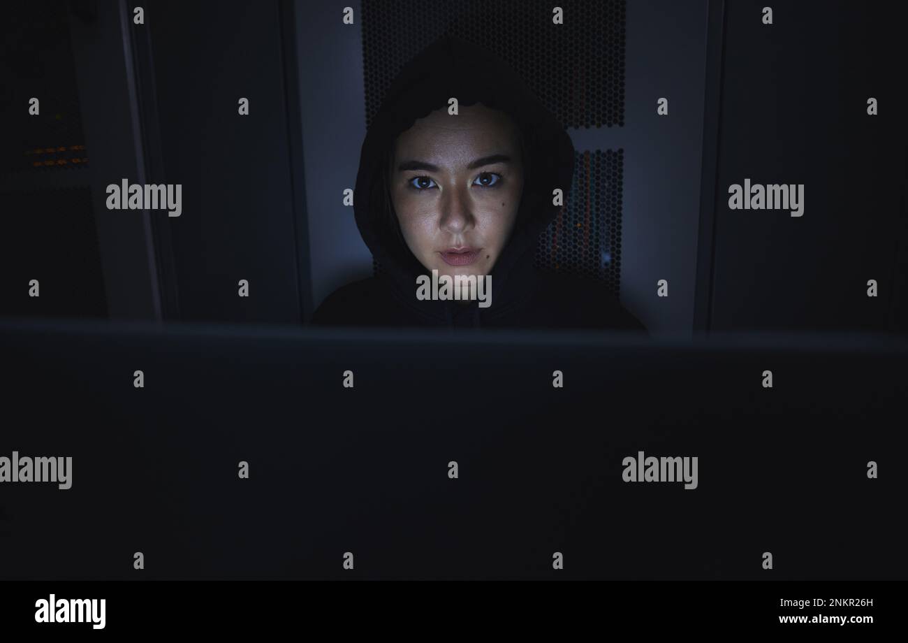 Night Hacker And Cyber Security With Woman And Laptop For Coding