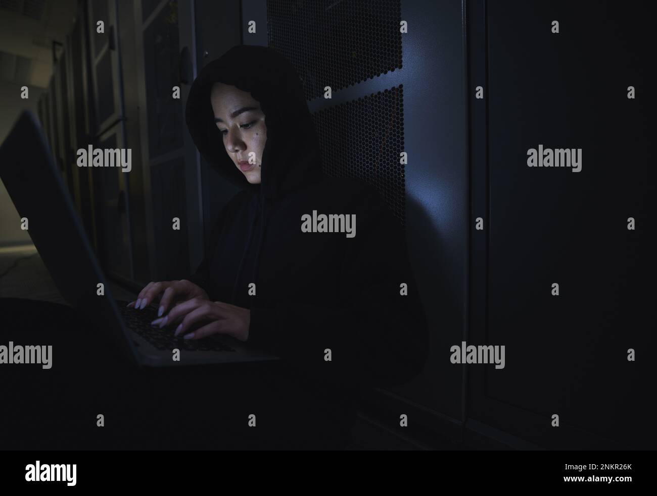 Hacking Server Room And Woman Computer Coding Data Center Crime And