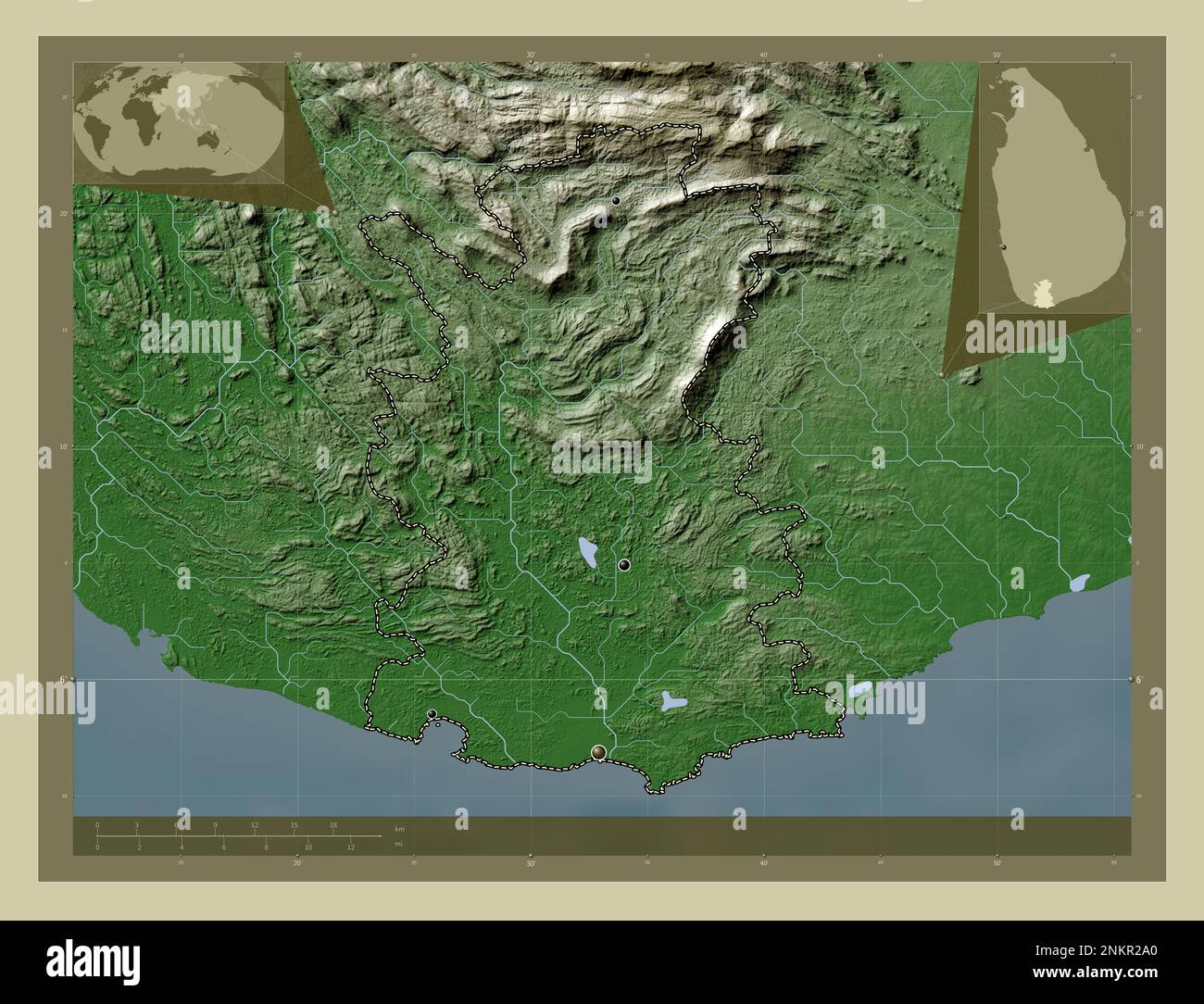 Matara, district of Sri Lanka. Elevation map colored in wiki style with lakes and rivers ...