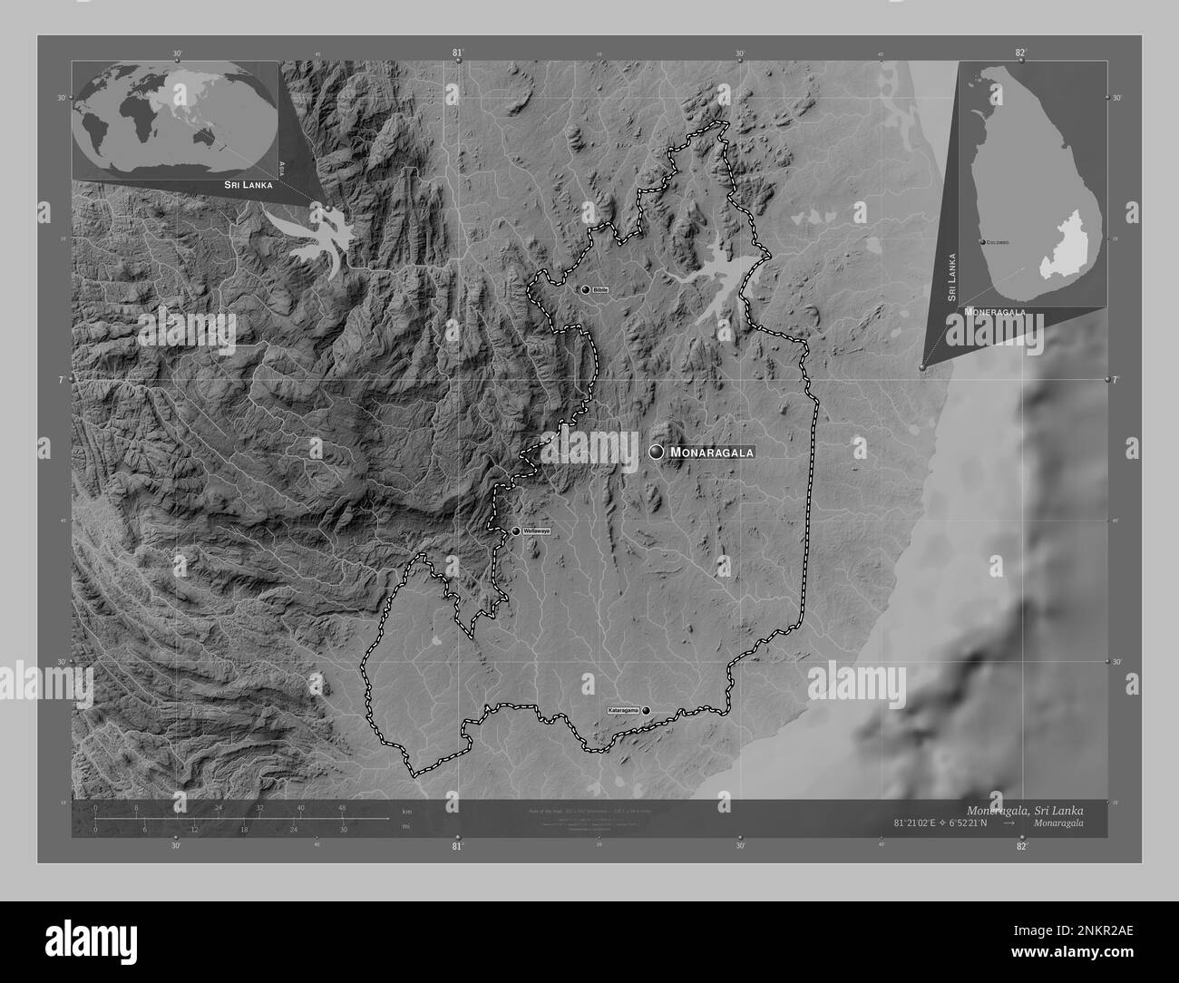 Moneragala, district of Sri Lanka. Grayscale elevation map with lakes ...