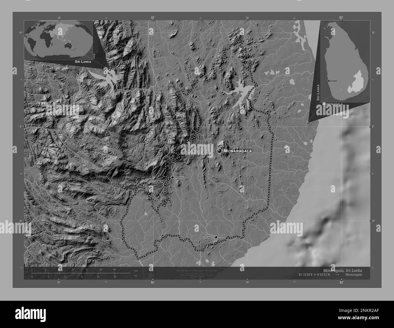 Moneragala, district of Sri Lanka. Bilevel elevation map with lakes and ...