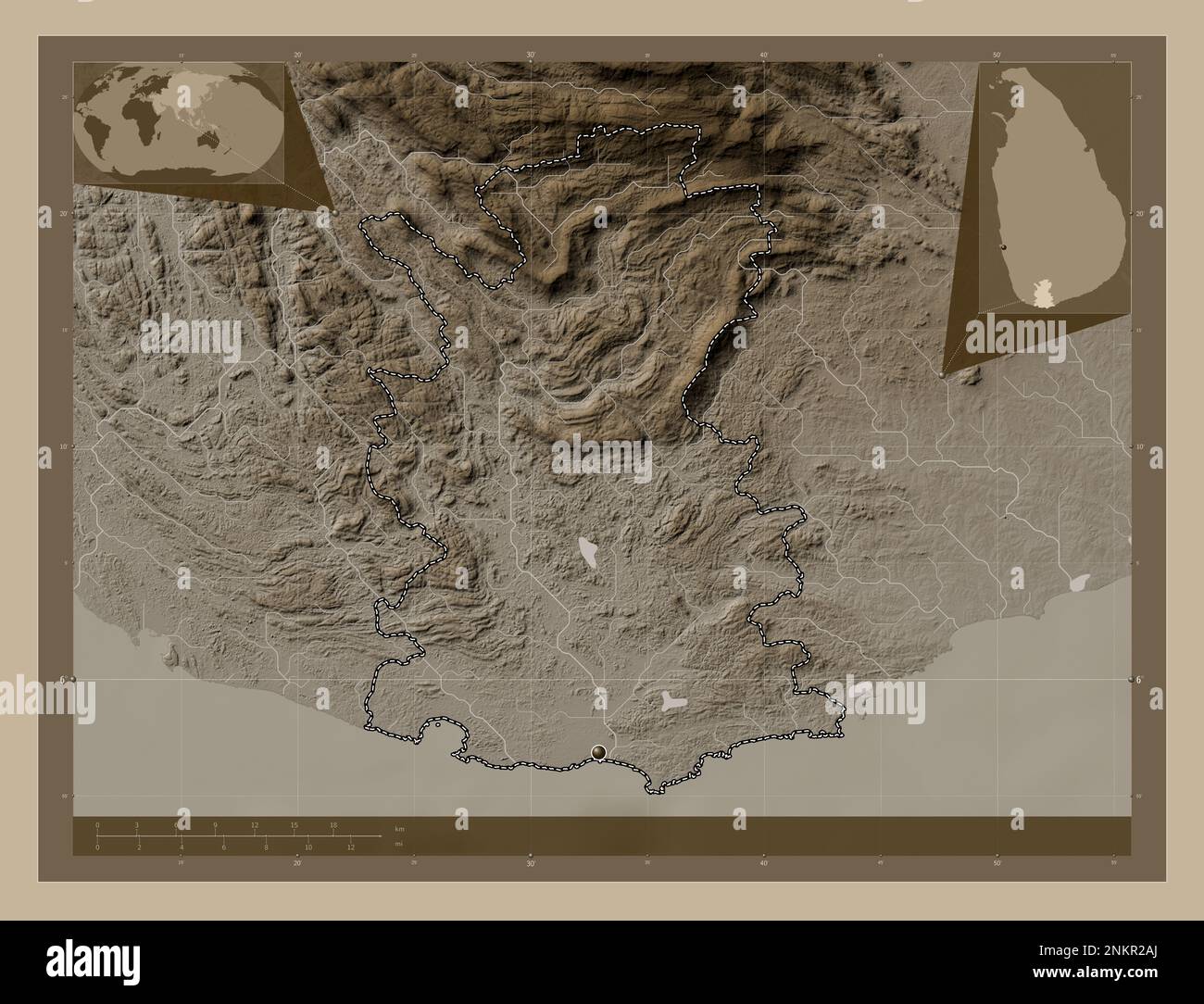 Matara, district of Sri Lanka. Elevation map colored in sepia tones ...