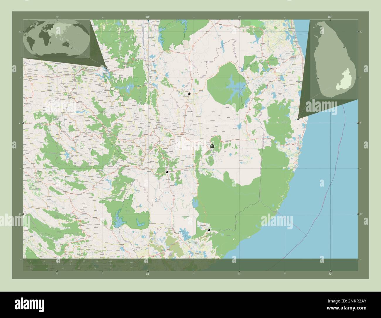 Moneragala, district of Sri Lanka. Open Street Map. Locations of major ...
