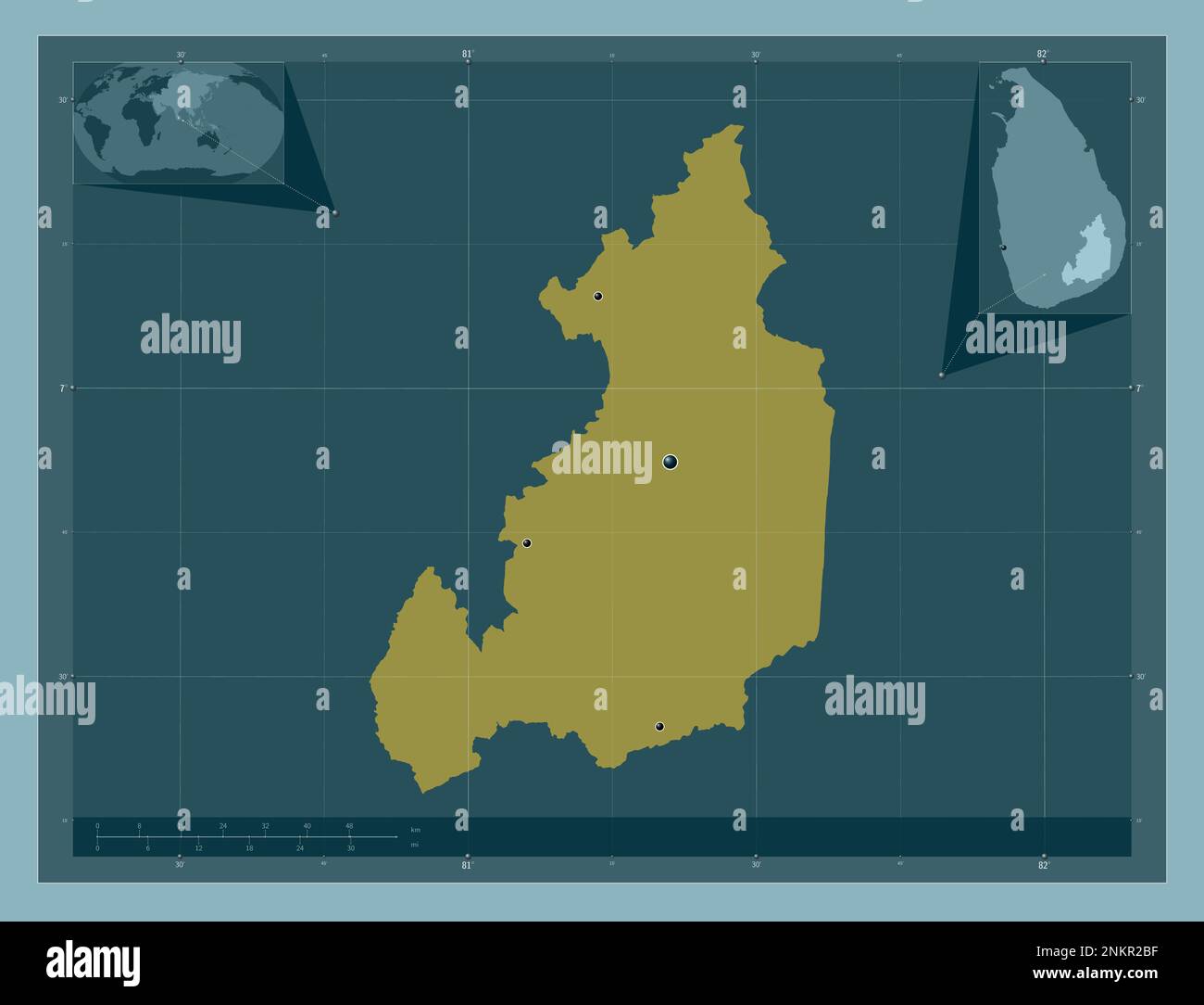 Moneragala, district of Sri Lanka. Solid color shape. Locations of ...