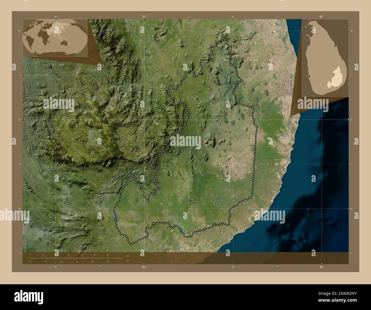 Moneragala, district of Sri Lanka. Low resolution satellite map. Corner ...