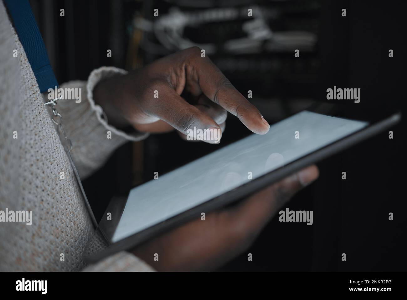 Tablet screen, mockup or IT black man hands in data center on research ...