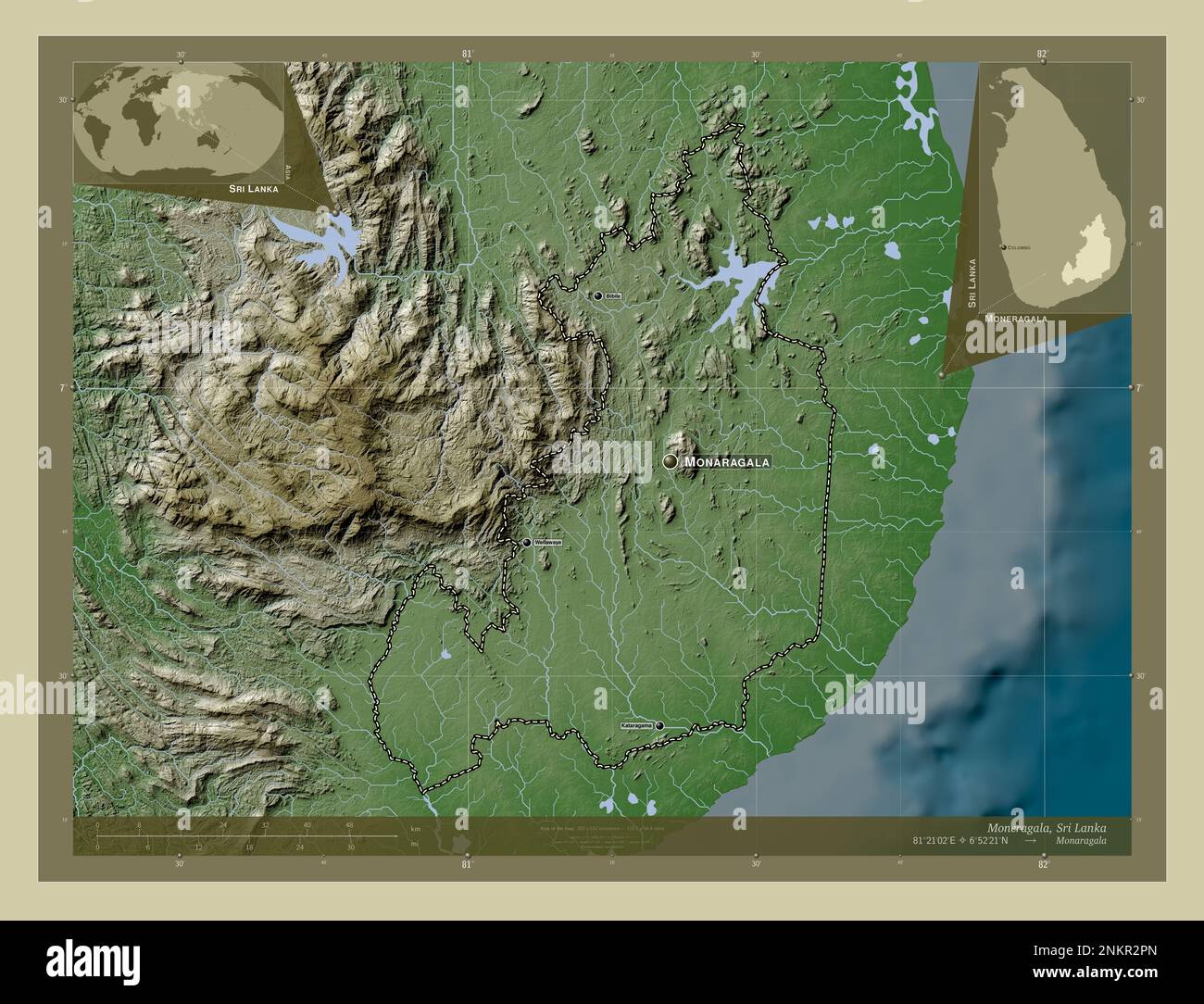 Moneragala, district of Sri Lanka. Elevation map colored in wiki style ...